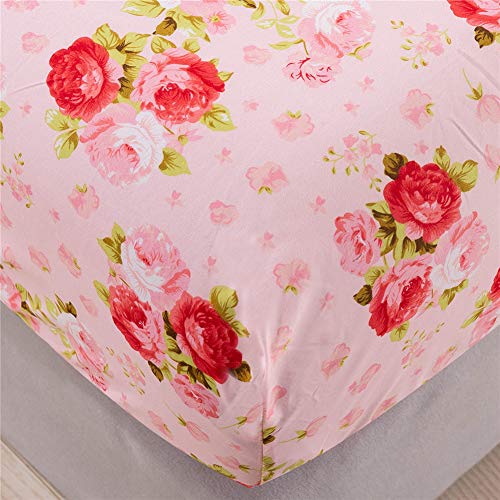 MEISHANG Sheet Set King Pink Floral Printed Sheets Ultra Soft 100% Microfiber- 16 Inch Deep Pocket Comfortable Rose Pattern Printed Sheet Set - 4 Pieces Rose Flower King