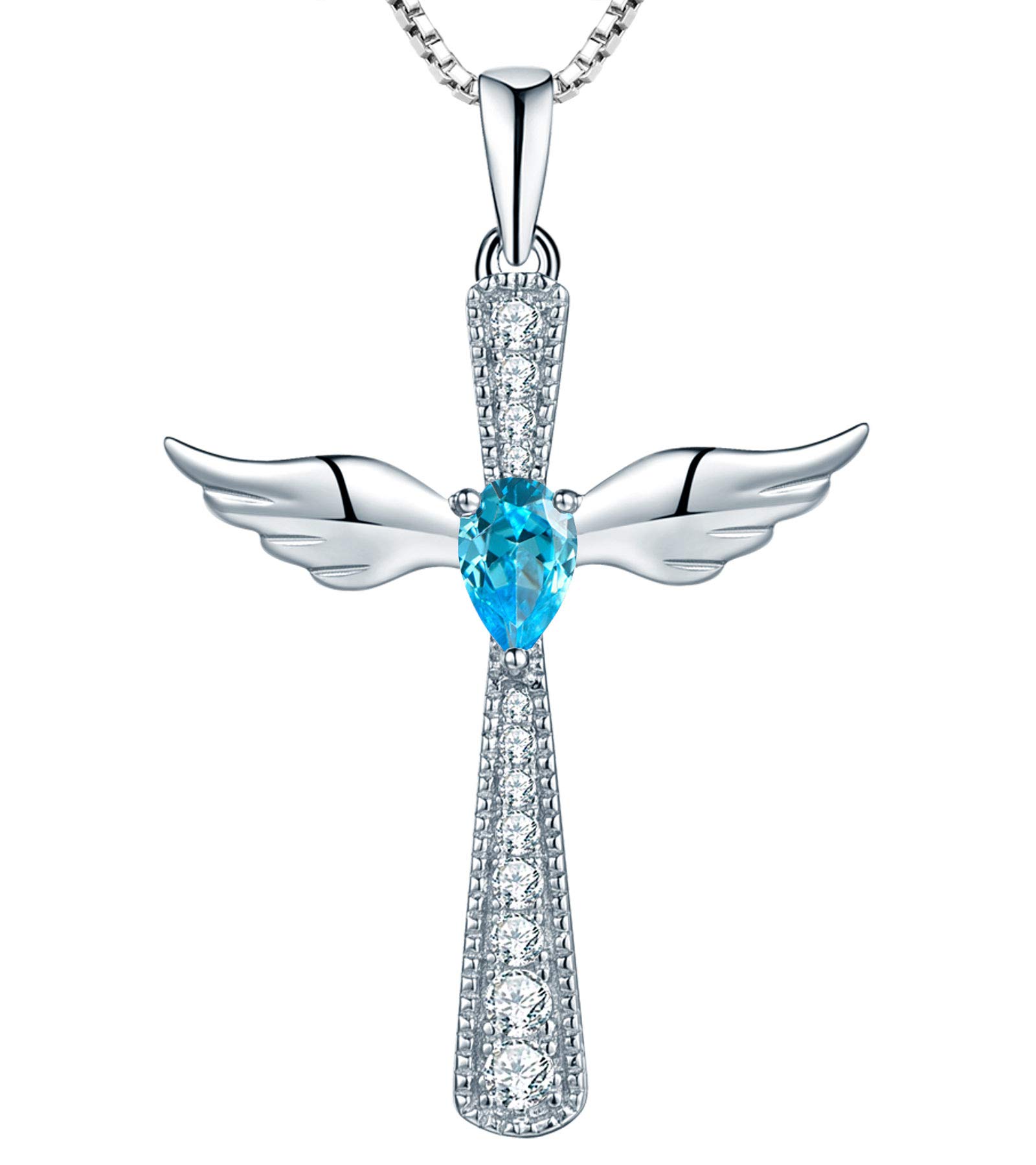 YL Cross Necklace 925 Sterling Silver Angel Wings Pendant Teardrop Created Aquamarine Criss Jewelry for Women