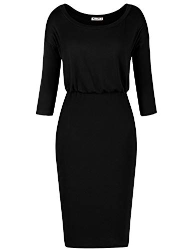 Moyabo Church Dresses for Women 3/4 Sleeve Round Neck Elastic Wasit Causal Dresses with Pockets Black Large