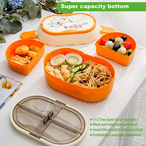 PUOENFGR Bento Lunch Box,Large Capacity Double Layer stacking with Handle with Adults,Microwave Can Be Used,Comes with Three-Piece Cutlery Set,BPA-Free,Great for Camping,Work(Moe Force Brown)