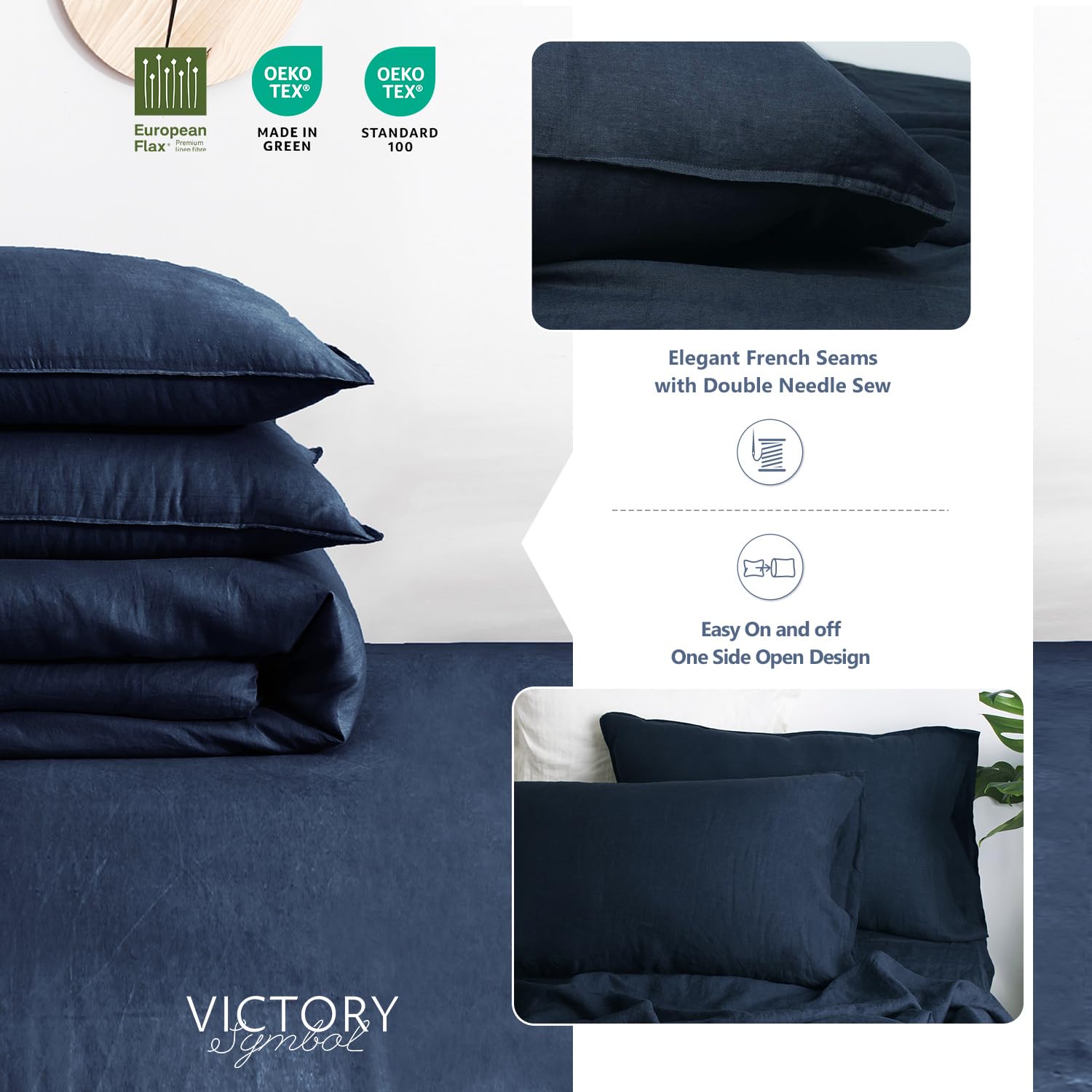 S VICTORY SYMBOL 100% Organic Linen Duvet Cover Set Queen Size,Natural French Linen Bedding Set with Stone Washed,Comforter Cover with Button Closure(Navy) Soft,Breathable