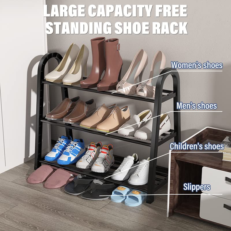 Wuliwuli 3-Tier Shoe Rack Stackable Metal Storage Organizer Multifunctional Free Standing Shoe Shelf for Entryway, Bathroom, Balcony, Kitchen, fits Boots, High Heels, Slippers, Black
