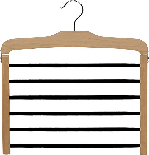 Wooden 6 Tier Pant Hanger w/ Black Velvet Non-Slip Bars, Box of 1 Wood Bottom Hanger w/ Natural Finish and Chrome Swivel Hook for Jeans Slacks or Trouser by The Great American Hanger Company