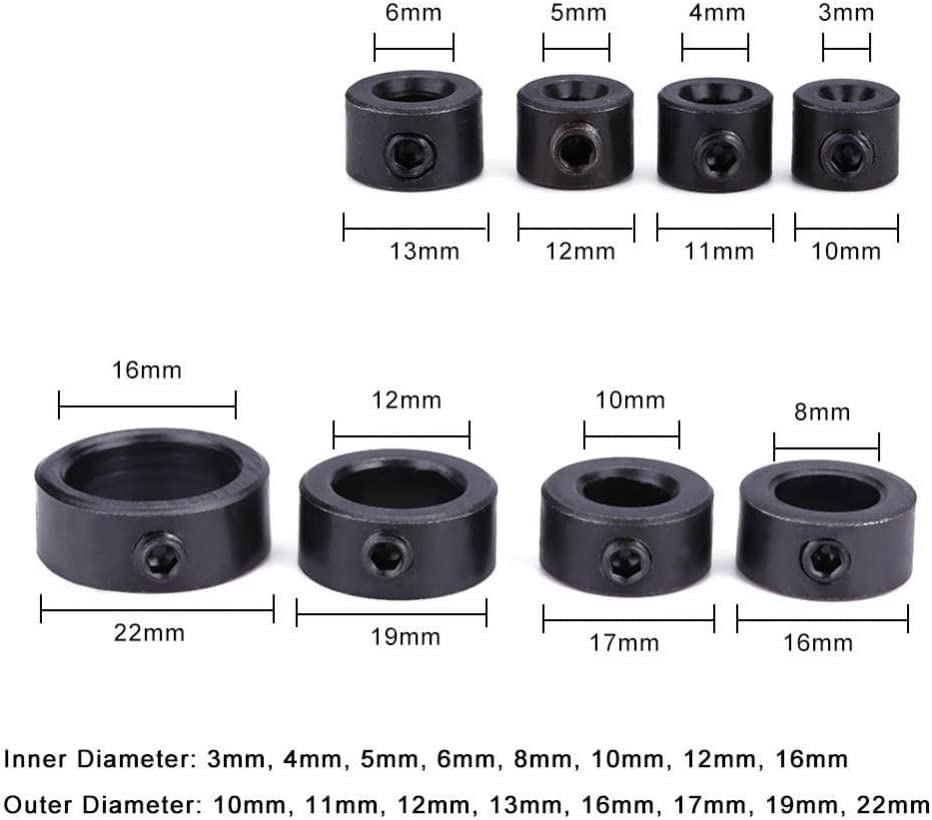 GDFYMI Drill Stop Bit Collar Set, Adjustable Drill Bit Depth Stop Collar Limit Ring with Allen Wrench, 1/8", 5/32", 3/16", 1/4", 5/16", 3/8", 1/2" and 5/8-Inch (9 Pcs, 3-16mm)