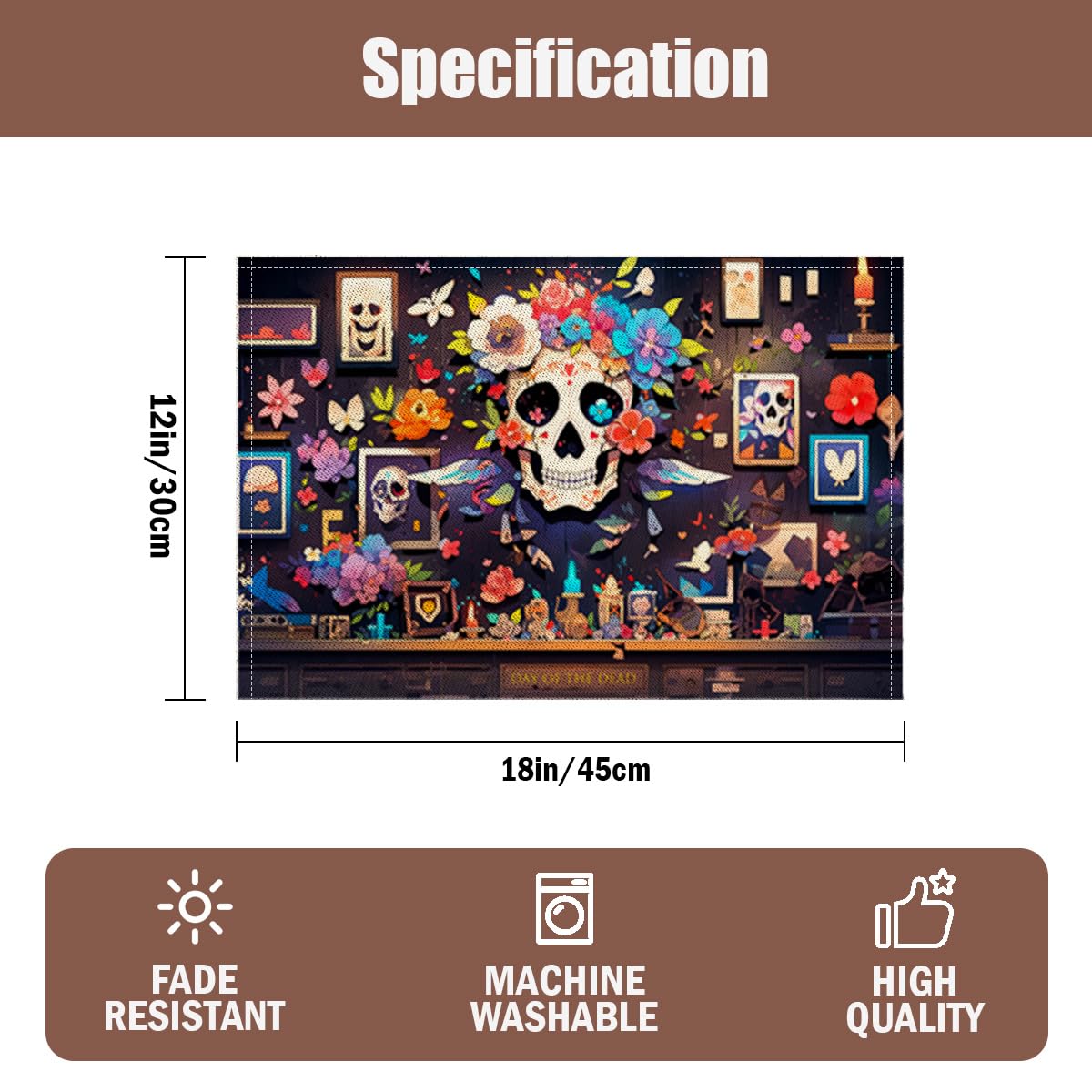 Day of The Dead Halloween Placemats Mexican Style Table Mats Colorful Flower Skull Table Placemat Dinner Mats for Dia De Los Muertos Halloween Home Kitchen Supplies, 4Pc