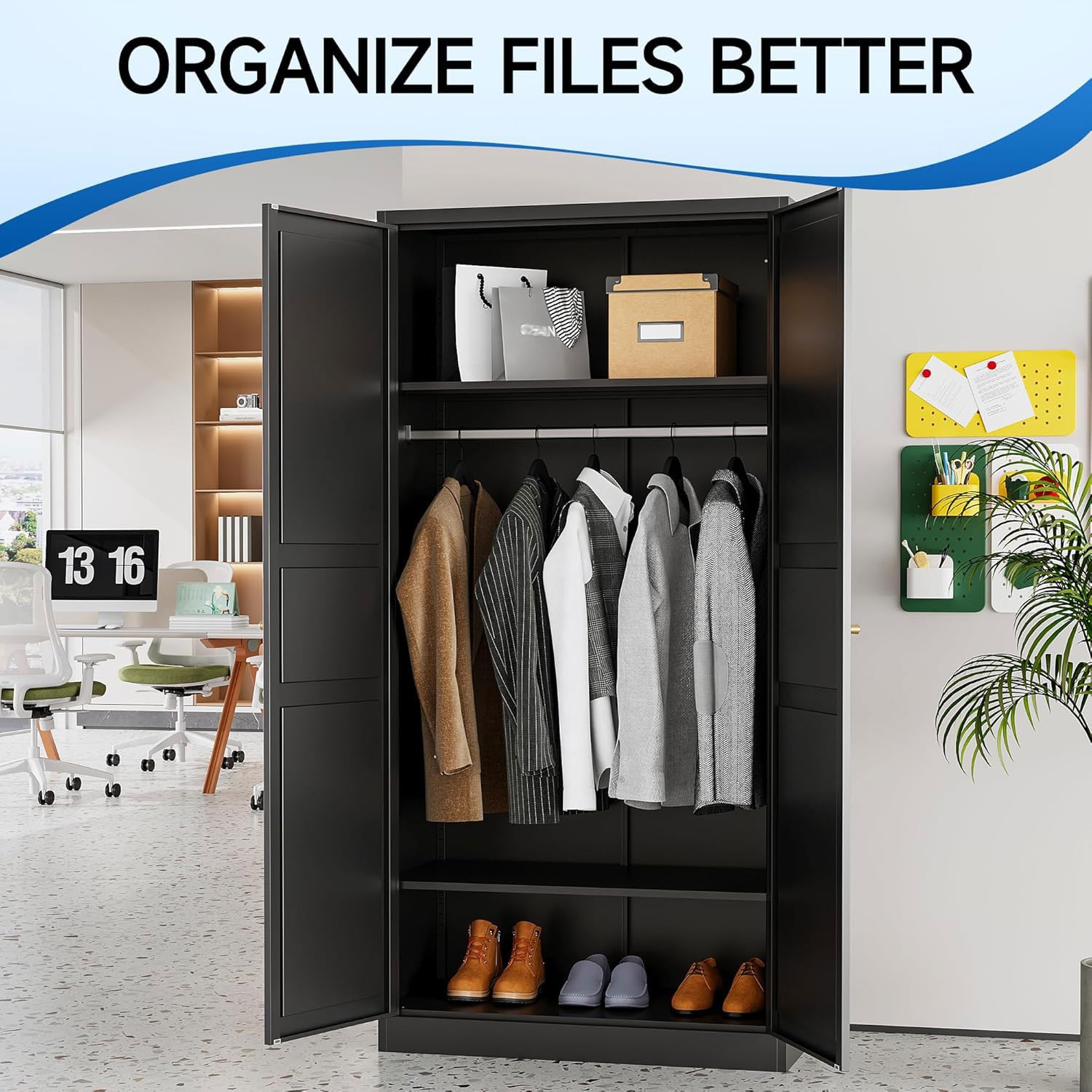 heycode Armoire Wardrobe Closet,72" Metal Clothing Storage Cabinets,with 2 Doors 2 Shelves Steel Wardrobe Storage,for Studio, Classroom, Garage, Gym Clothes Storage Organizer (Black, 72" H)