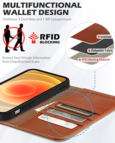 SHIELDON Wallet Case for iPhone 12 5G, Genuine Leather Folio Case Magnetic Shock Absorbing Case RFID Blocking Credit Card Holder Kickstand Compatible with iPhone 12/12 Pro 6.1" - Retro Brown