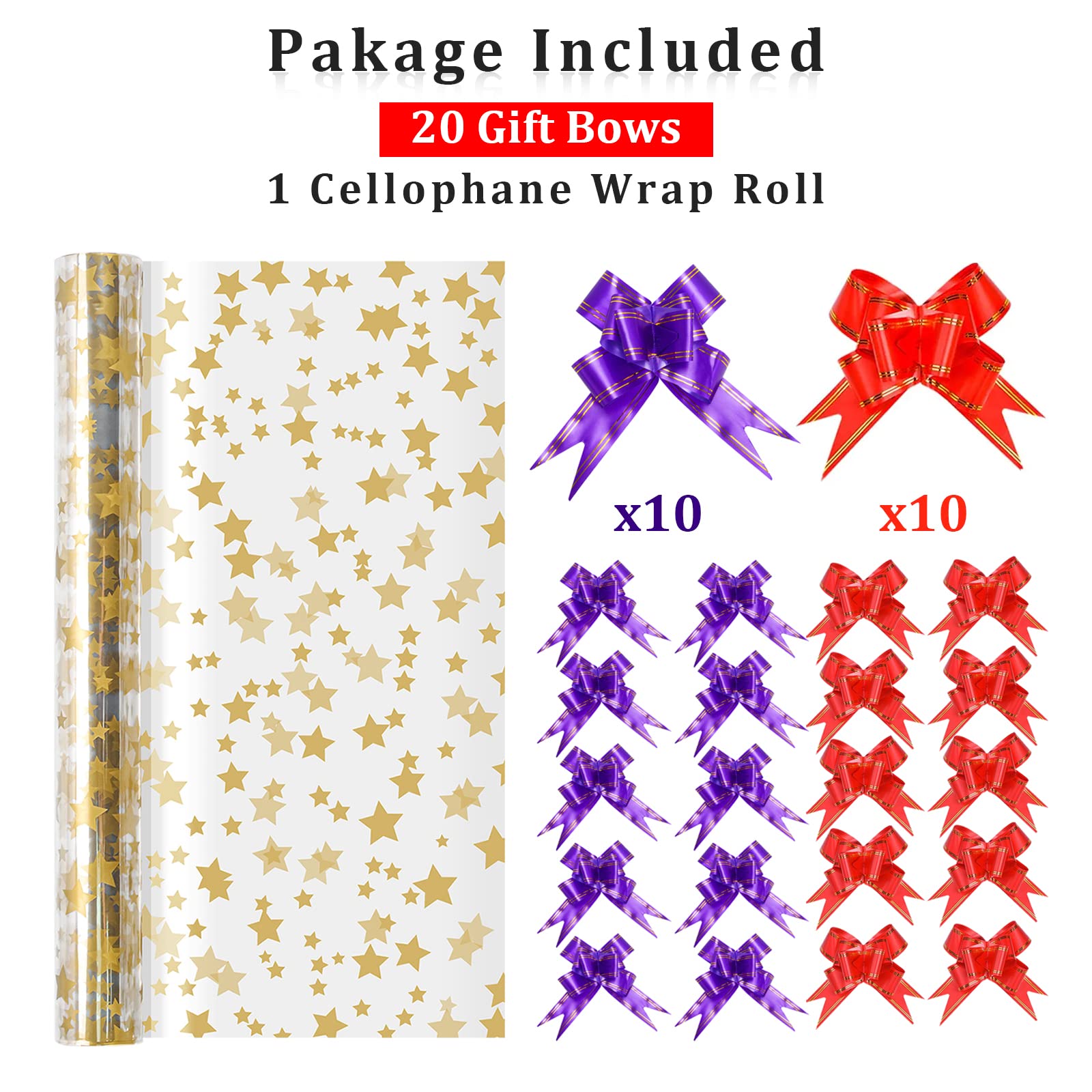 Christmas Cellophane Wrap Roll, Cellophane Wrap Gift Basket Wrap, Nistar Cellophane Wrap Roll (32 in x 100 ft) Gold for Gift Baskets with 8 Bows Extra Large Clear Wrapping Paper to Treats, Flower, DIY Craft for Holiday, Christmas