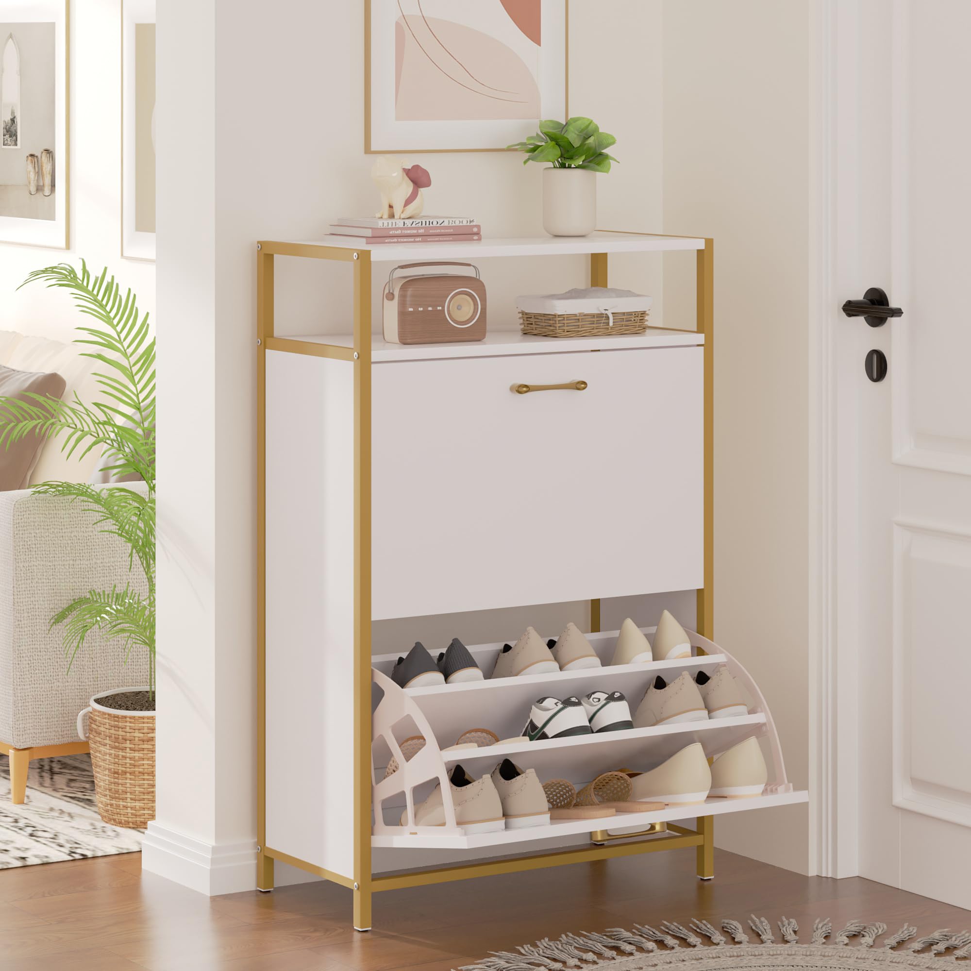 VECELO Shoe Storage Cabinet with 2 Flip Drawers for Entryway, Modern Slim Hidden Freestanding Organizer with Metal Legs for Hallway, Living Room, Large Capacity, Suit for Size to 8, White