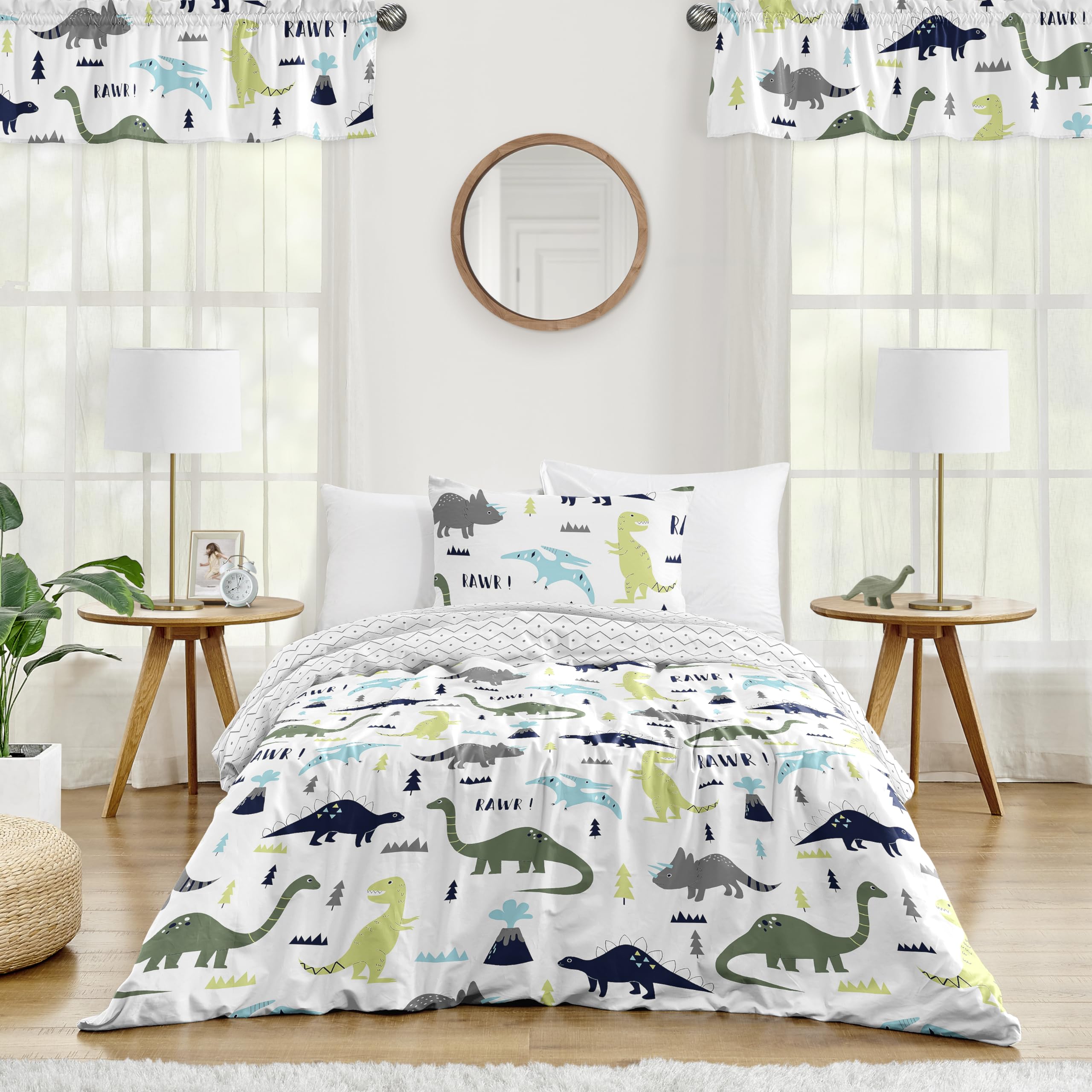 Navy Blue and Green Modern Dinosaur Boys or Girls 4 Piece Kids Teen Twin Bedding Set Collection