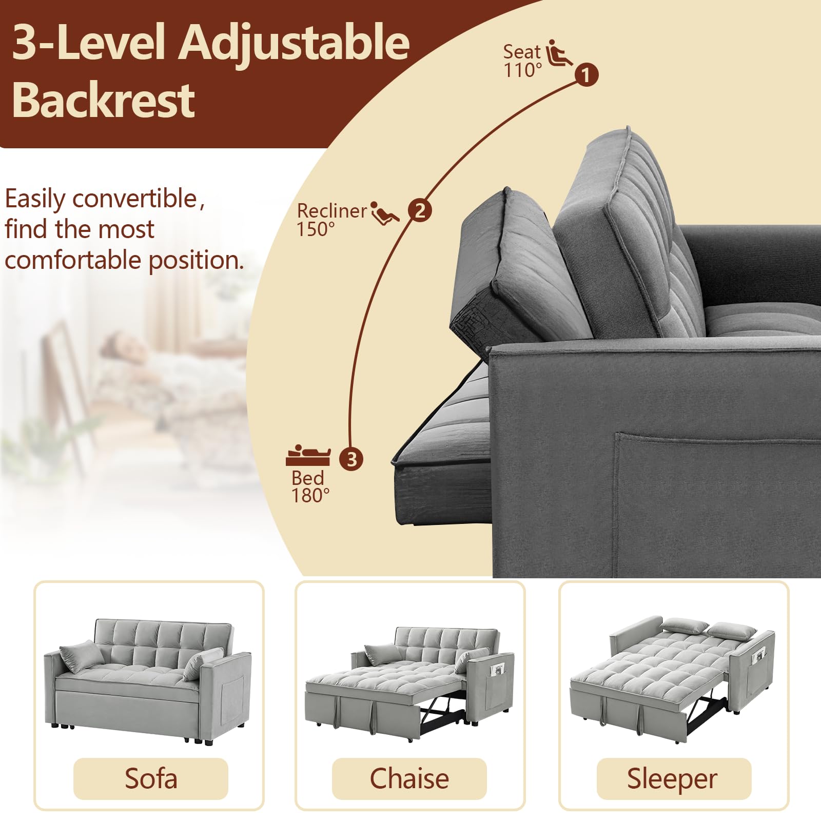 Nonlita Convertible Sofa Bed,3 in 1 Velvet Convertible Sleeper Sofa Bed,Lounge Sleeper Sofa with Pullout Bed,Small Love Seat Lounge Sofa w/Reclining Backrest,Toss Pillows, Pockets,for Living Room,Gray