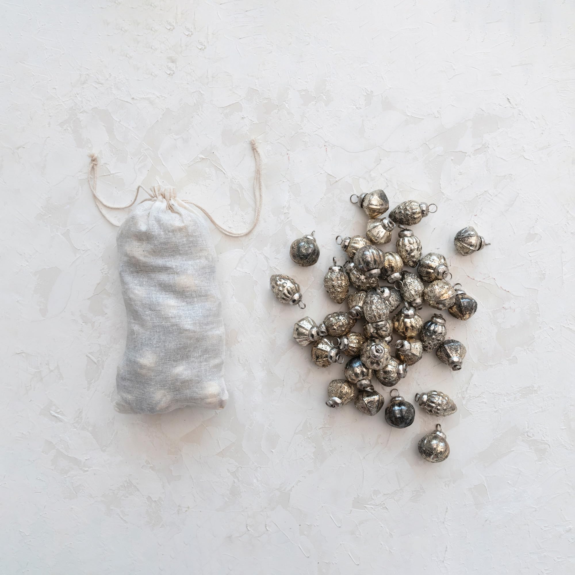 Creative Co-Op Embossed Mercury Glass Ornaments in Muslin Bag, Antique Silver Finish, Set of 36