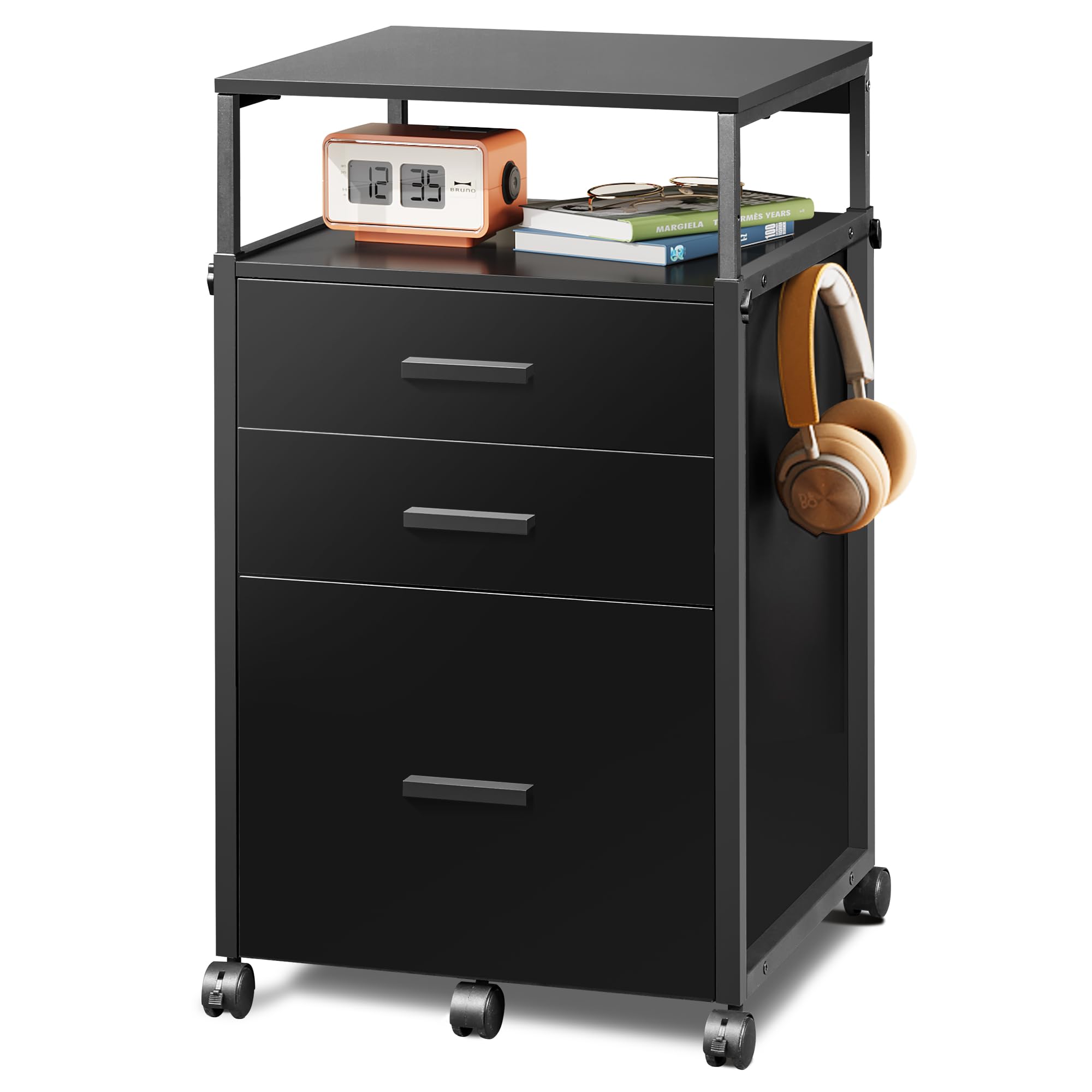 DEVAISE File Cabinet with Storage Drawers, Rolling Printer Stand with Adjustable Shelves, Wood Filing Cabinet for Home Office, Black