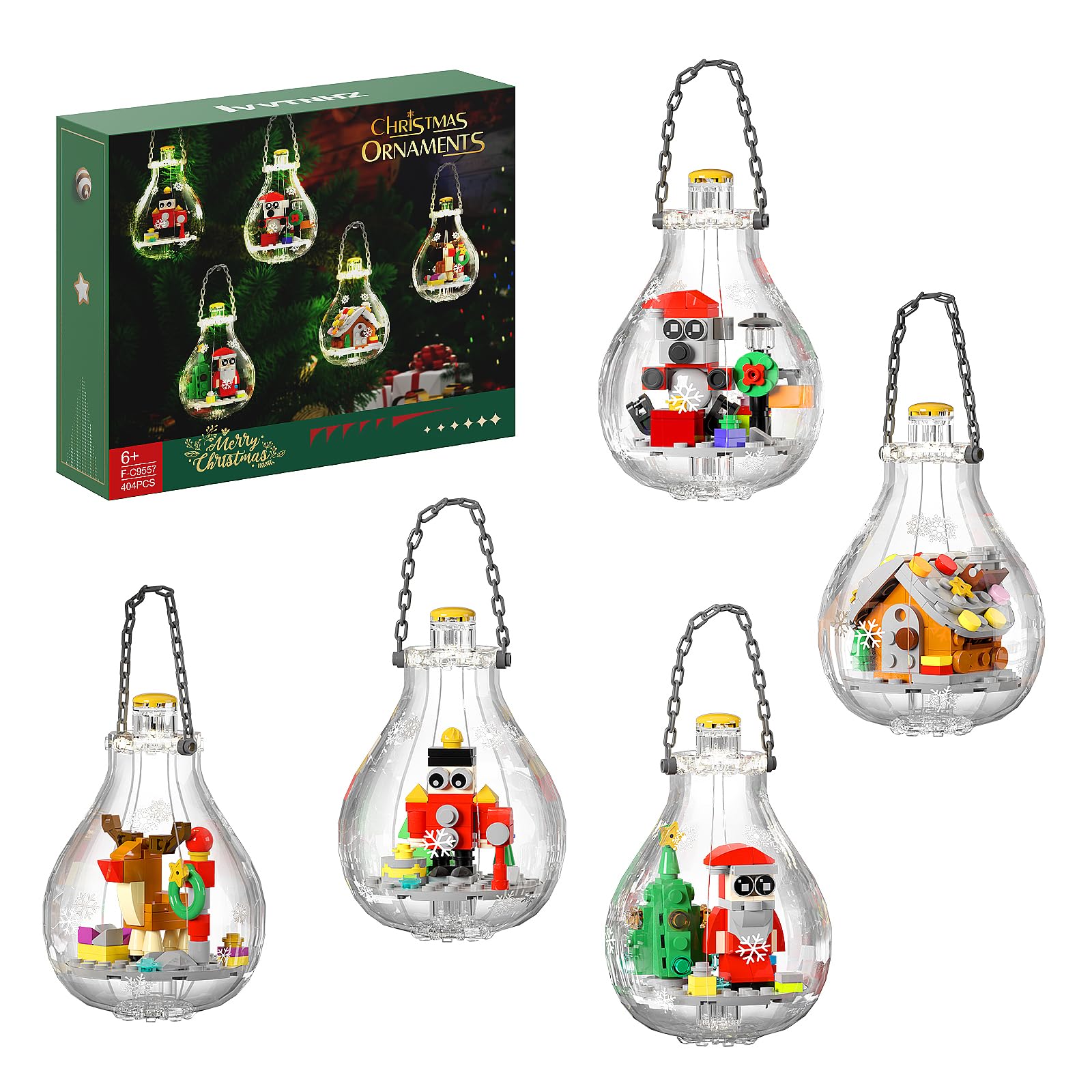 Christmas Building Block Set, Christmas Tree Ornament Decoration with Light, Compatible with Lego, Santa Claus Gingerbread House Nutcracker Elk Polar Bear Toy, Suitable Suitablefor Kids 6+(404 Pcs)