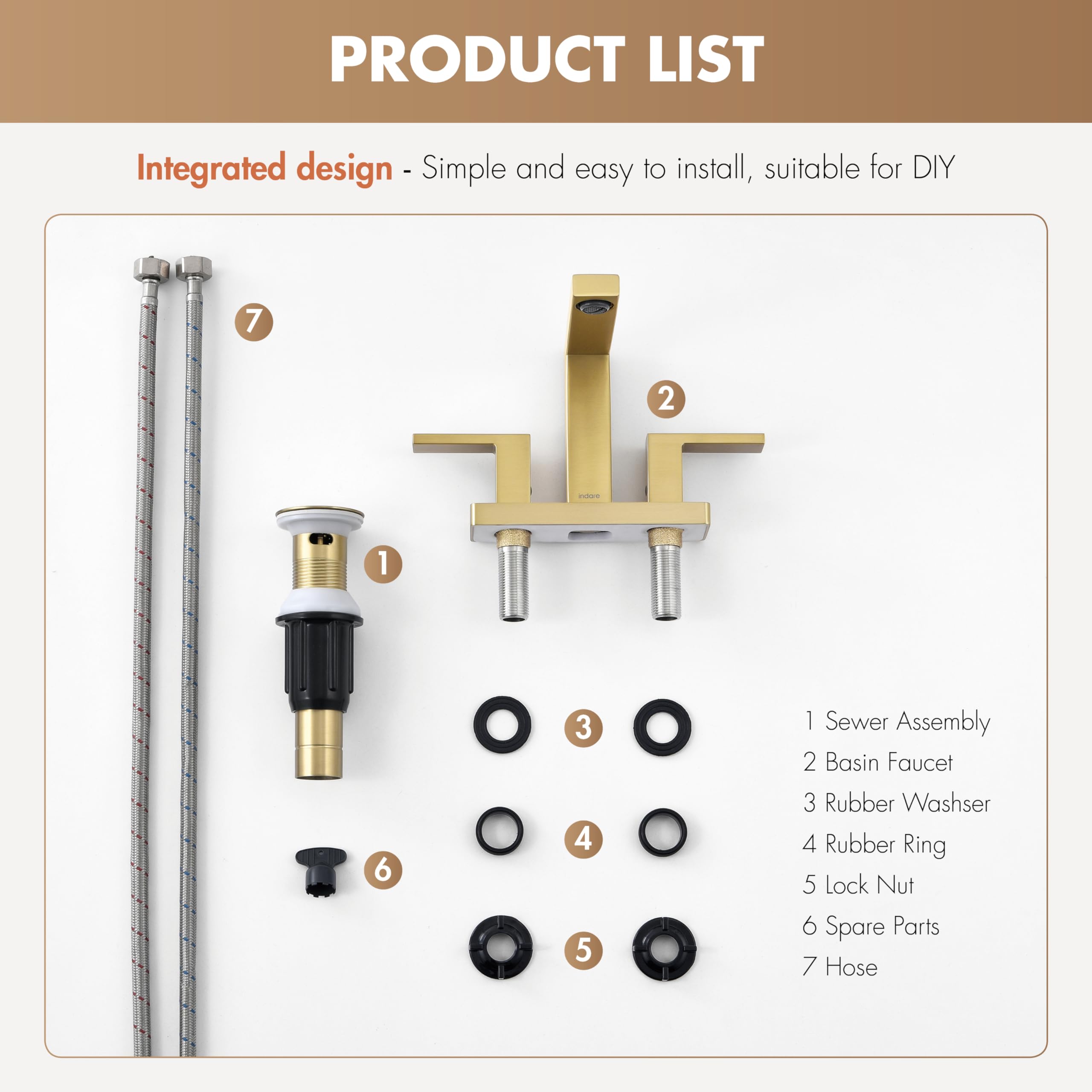 INDARE 2 Handle Centerset Bathroom Faucet, Gold Bathroom Faucets for Sink 3 Hole, 4-Inch Bathroom Sink Faucet, Bathroom Faucets with Pop-Up Drain & Supply Lines, Brushed Gold,110107-BG-1