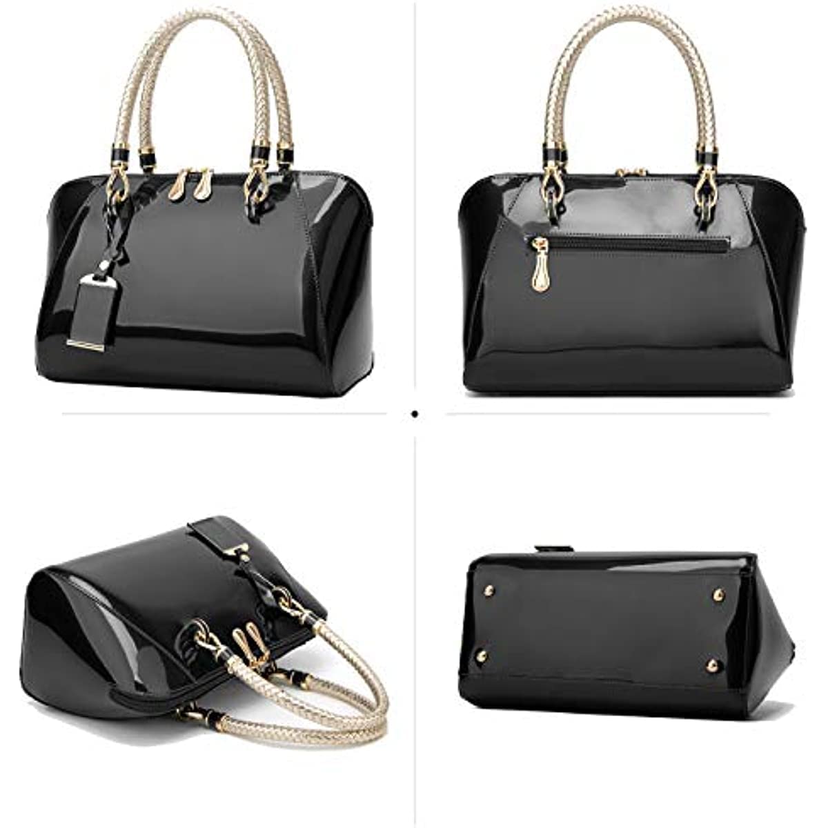 XingChen Shiny Patent Women Faux Leather Handbags Crossbody Bag Top Handle Purse Satchel Bag Shoulder Bag(Black)