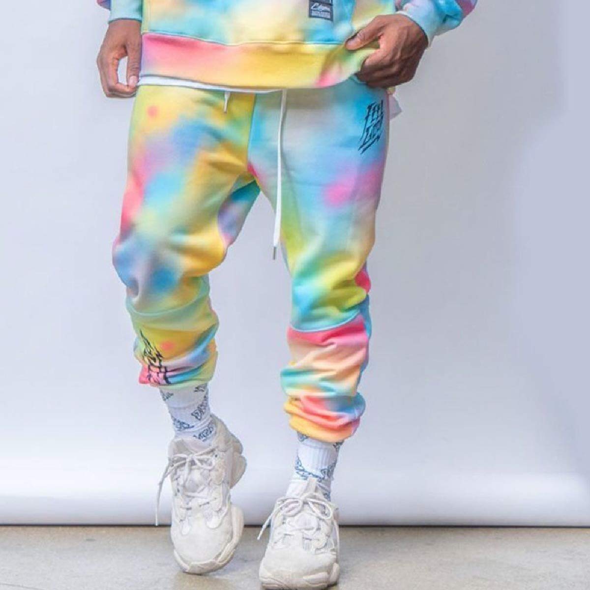 Comaba Men's Tie-Dye Workout Loose Fit Personalized Long Sleeve Hood Sweat Suit Set Light Blue 2XL