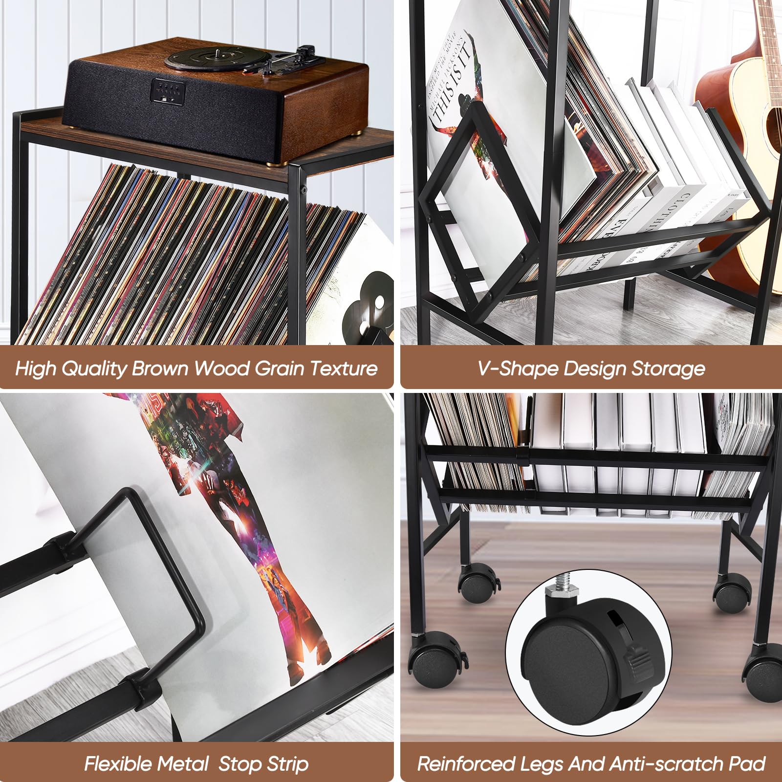 DACK Record Player Stand with Storage Up to 80 Albums,Turntable Stand with Matte Black Metal Legs, Record Player Table for Living Room Bedroom Office