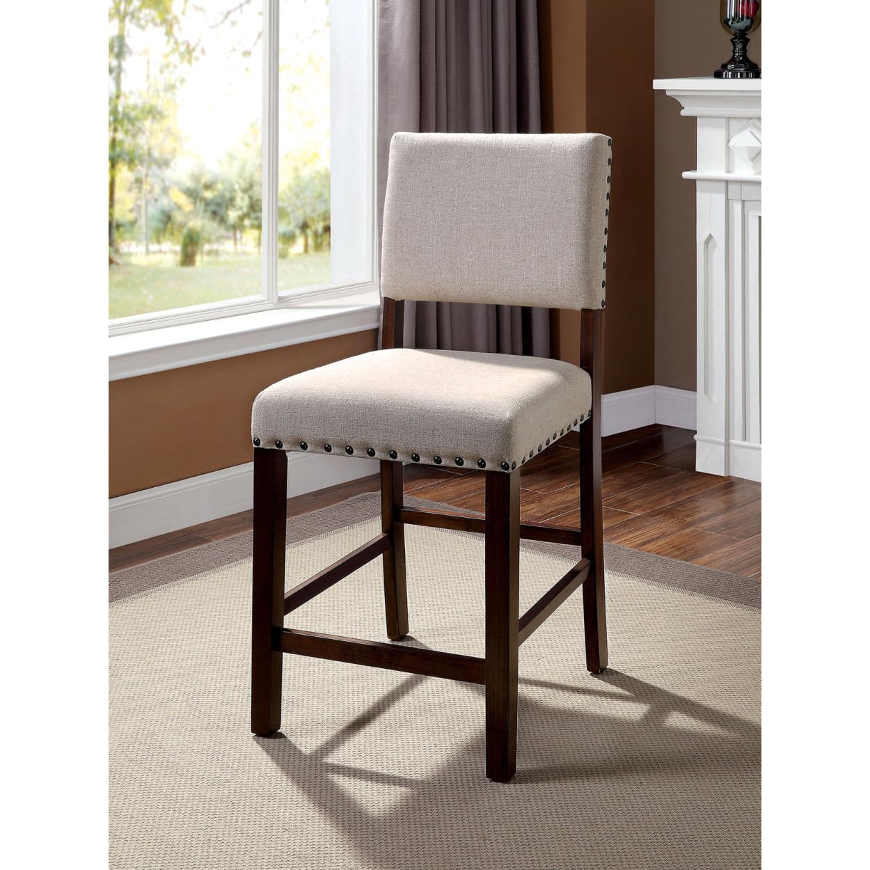 Classic Set of 2pc Counter Height Dining Chairs Ivory Fabric Padded Linen Chairs Upholstered Cushion High Chairs Nailhead Trim Kitchen Dining Room Solid Wood Brown Cherry