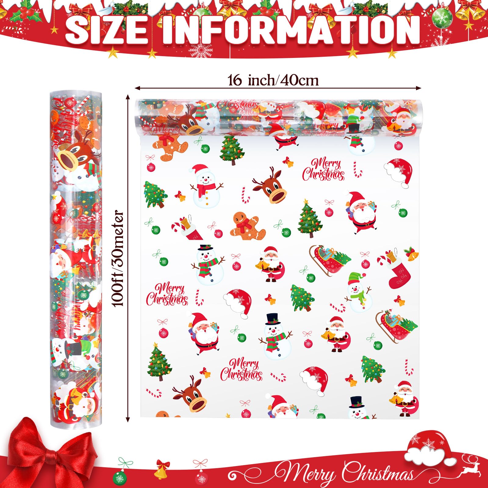 Christmas Cellophane Wrapping Paper 100 ft x 16 Inch 2.5 Mil Thick Cello Wrap Roll Crystal Clear Xmas Tree Santa Paper Wrapper Snowman Cellophane Gift Wrap for Treat Small Basket Craft Holiday