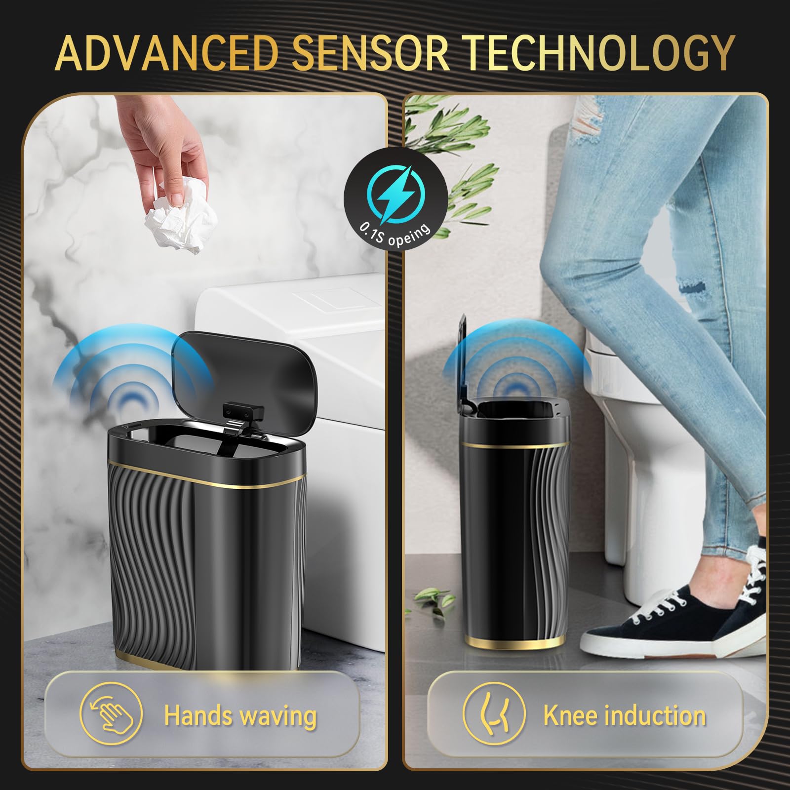 GloDeals Automatic Bathroom Trash Can with Lid: 2 Gallon Motion Sensor Trash Can, Touchless Small Bathroom Trash Bin, Waterproof Smart Garbage Can for Bathroom, Bedroom, Office, rv(Black)
