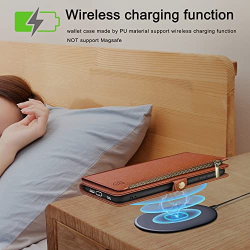 XcaseBar for iPhone 13 Pro 6.1" Wallet case with Zipper Credit Card Holder【RFID Blocking】, Flip Folio Book PU Leather Phone case Shockproof Cover Women Men for Apple 13 Pro case Light Brown