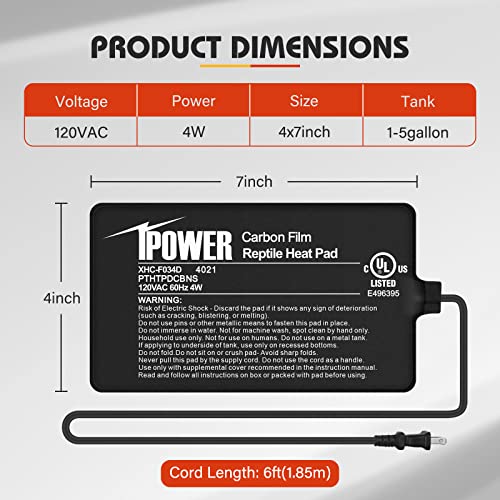 iPower 4X7 Inch 4W Under Tank Heater Warmer, 1-5 Gallon Terrarium Heat Mat for Hermit Crab/Turtle/Snake/Lizard/Gecko/Frog/Spider, Plant Box or Other Small Animals