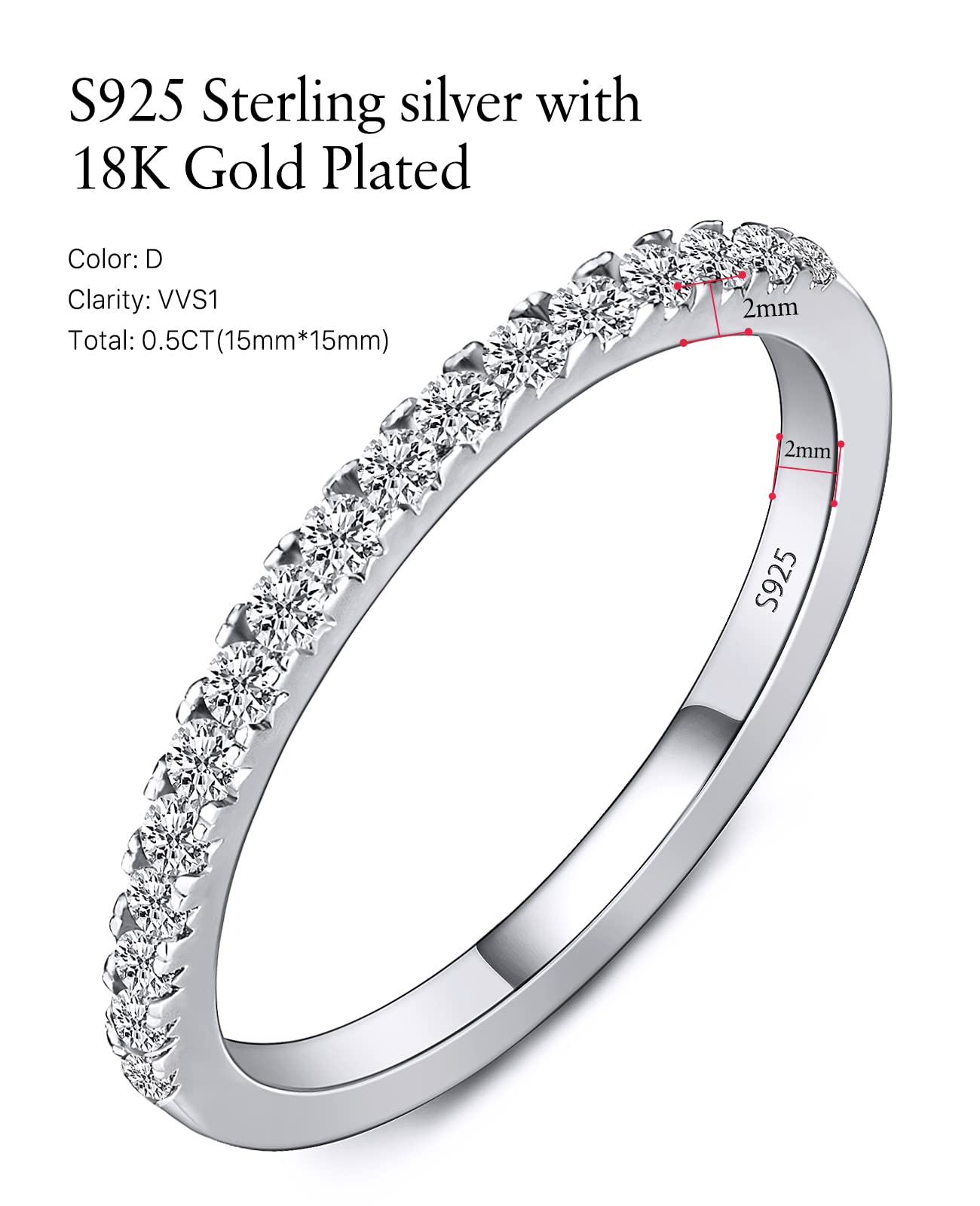 FCINOS Half Eternity Ring for Women, S925 Moissanite Stackable Engagement Ring, Promise Wedding Bands Sterling Silver Ring, Clarity Unisex Diamond Simulated Anniversary Rings (Half Eternity Ring Size 7)