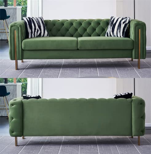 Melpomene Modern Button Tufted Velvet Sofa, Chesterfield Sofa with Square Arm,Gold Metal Legs and 2 Throw Pillows for Living Room(Mint Green)