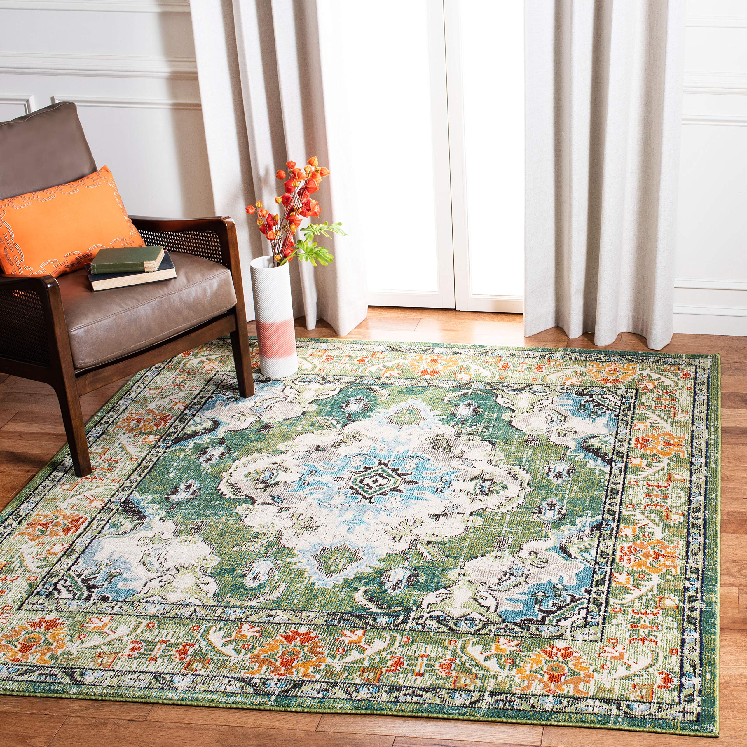SAFAVIEH Monaco Collection Area Rug - 10' Square, Forest Green & Light Blue, Medallion Distressed Design, Non-Shedding & Easy Care, Ideal for High Traffic Areas in Living Room, Bedroom (MNC243F)