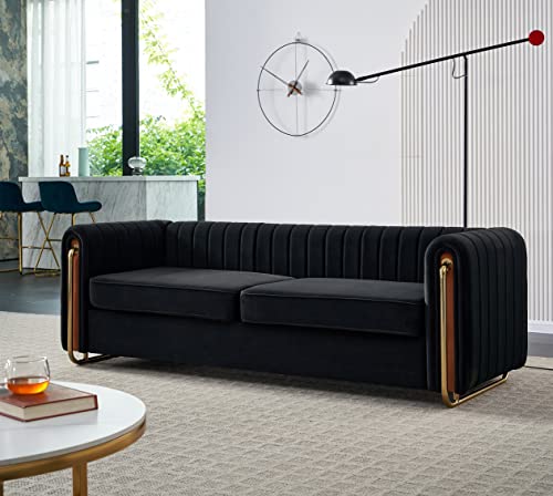 Melpomene Vertical Channel Tufted Velvet Sofa with Round Arm and Gold Metal Legs,Armrest 84.25" W(Black)