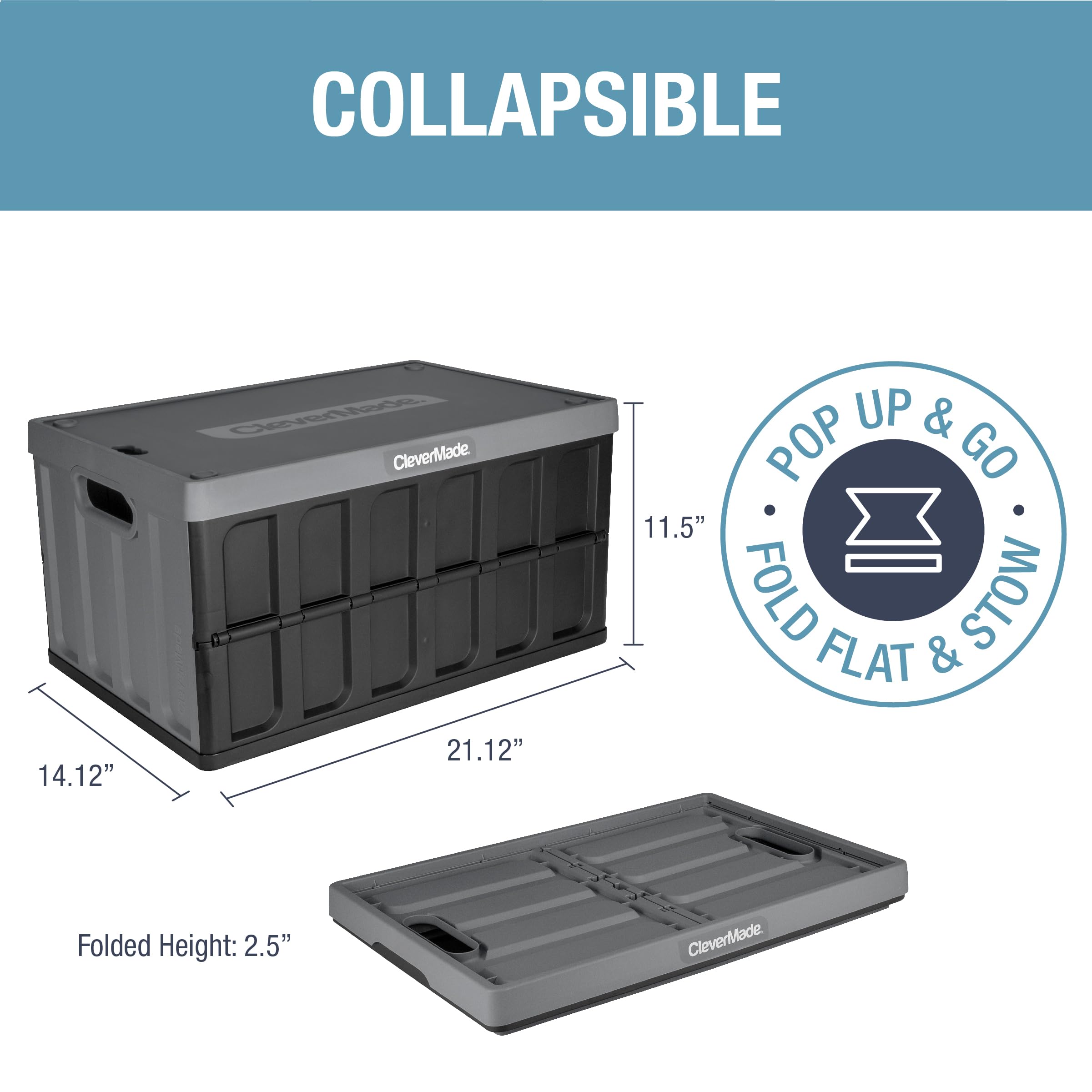 CleverMade Collapsible Storage Bin (With Lid), Tan, 3PK - 46L (12 Gal) Folding Plastic Stackable Utility Crates, Holds 75lbs Per Bin - Solid Wall CleverCrates for Organizing, Storage, Moving