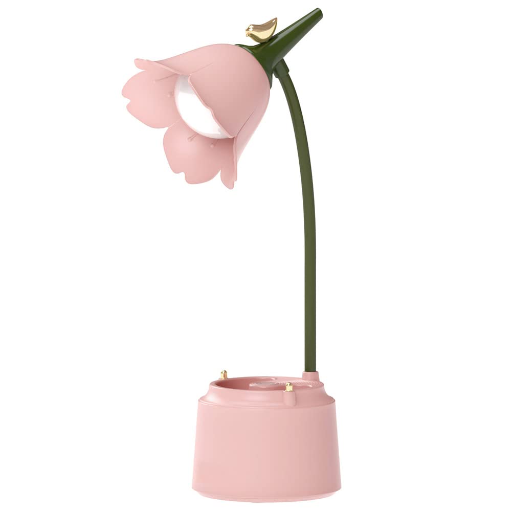 Cute LED Desk Lamp Kawaii Desk Accessories, Flower Bird Table lamp USB Rechargeable, 3 Color Modes, Stepless Dimming, Touch-Sensitive Switch Kawaii Room Decor Lamp, Eye Caring Reading Lamp (Pink)