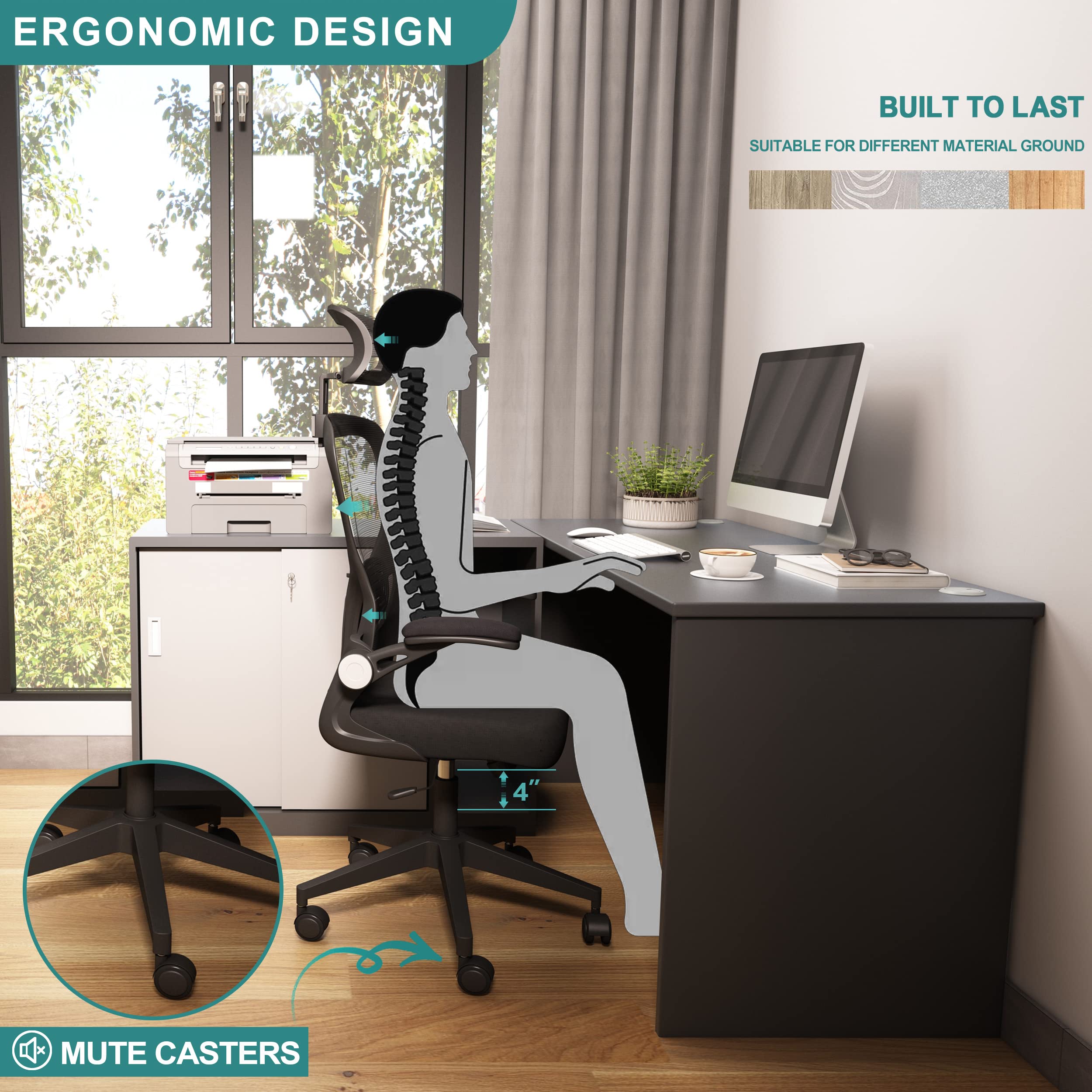 CBBPET Ergonomic Desk Chair with Lumbar Support and Flip-Up Armrests, Home Office Swivel Mesh Chair, Adjustable Backrest Executive Office Chair with Wheels, Perfect for Computer Desk and Home Office