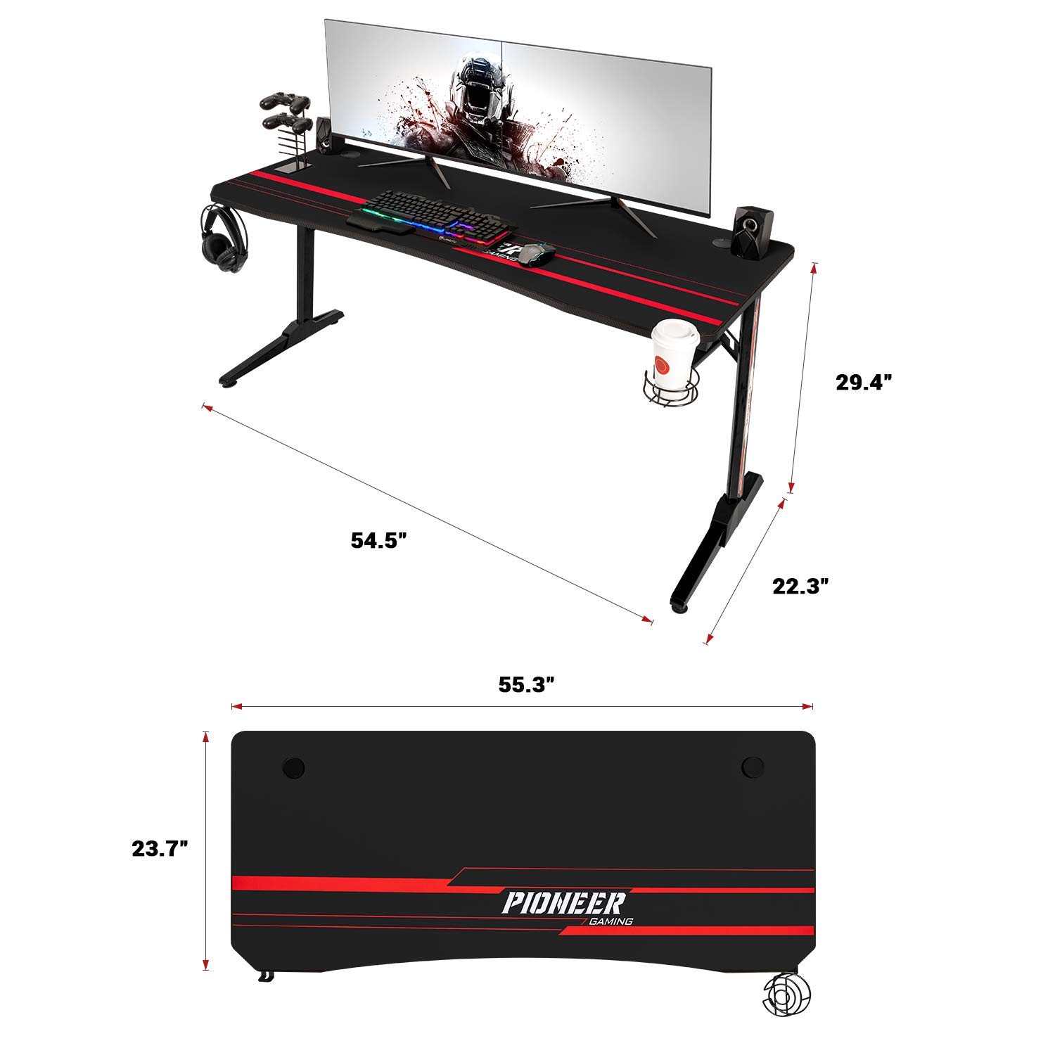 Devoko 55 Inch Gaming Desk T-Shaped PC Computer Table with Free Mouse Pad Carbon Fibre Surface Home Office Desk Gamer Table with Game Handle Rack Headphone Hook and Cup Holder (Black)