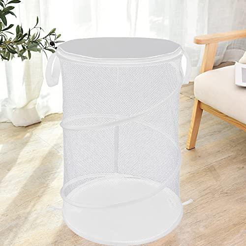 Qtopun Mesh Popup Laundry Hamper With Cover, Foldable Portable Cylindrical Dirty Clothes Basket for Bedroom, Kids Room, College Dormitory and Travel โ White