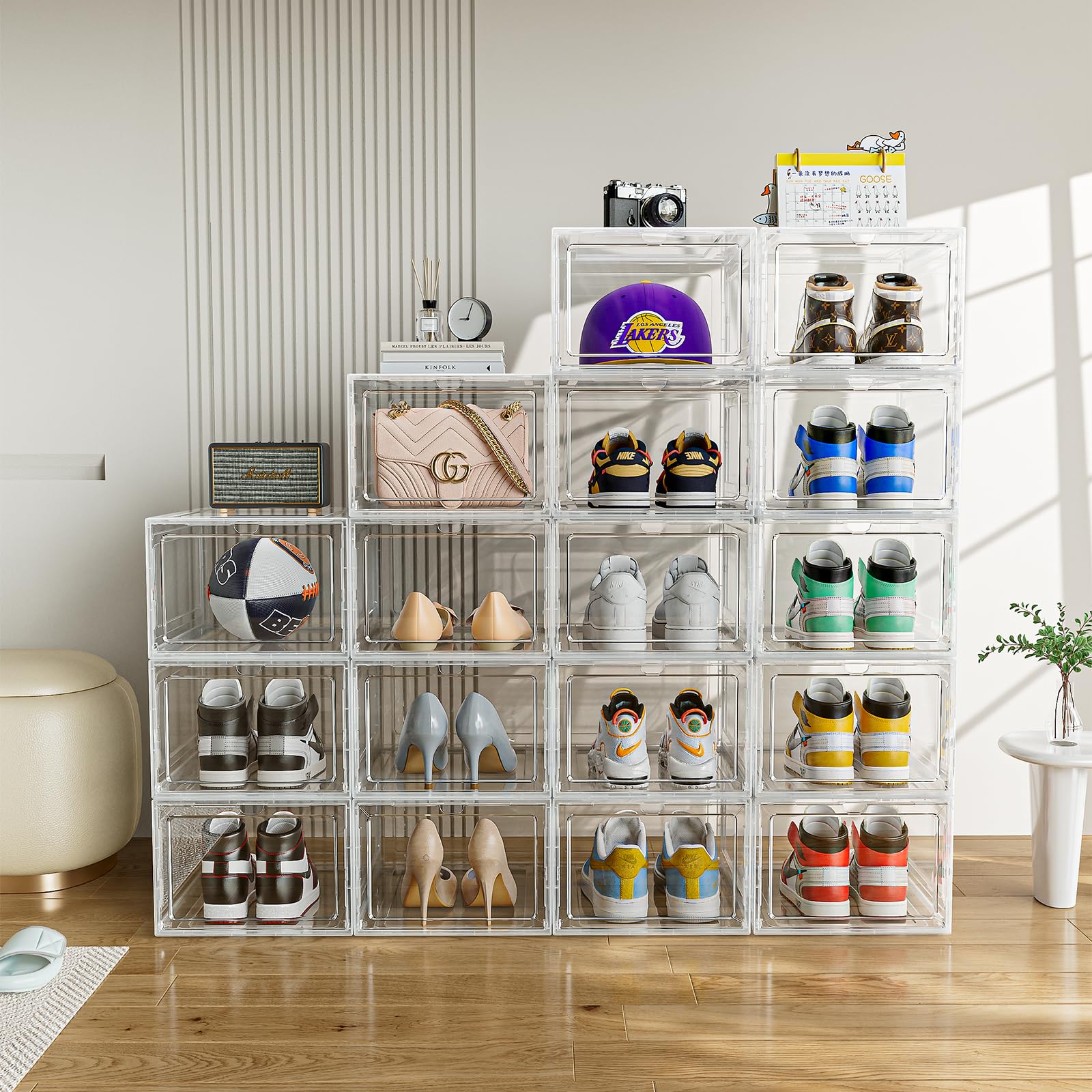 JOYZAN 6 Pack Shoe Boxes Clear Plastic Stackable, Large Sneaker Storage Organizer with Doors, Shoe Display Case, Space Saving Foldable Shoe Rack, Boots and Hat Organizer, Large Closet Shoe Holder