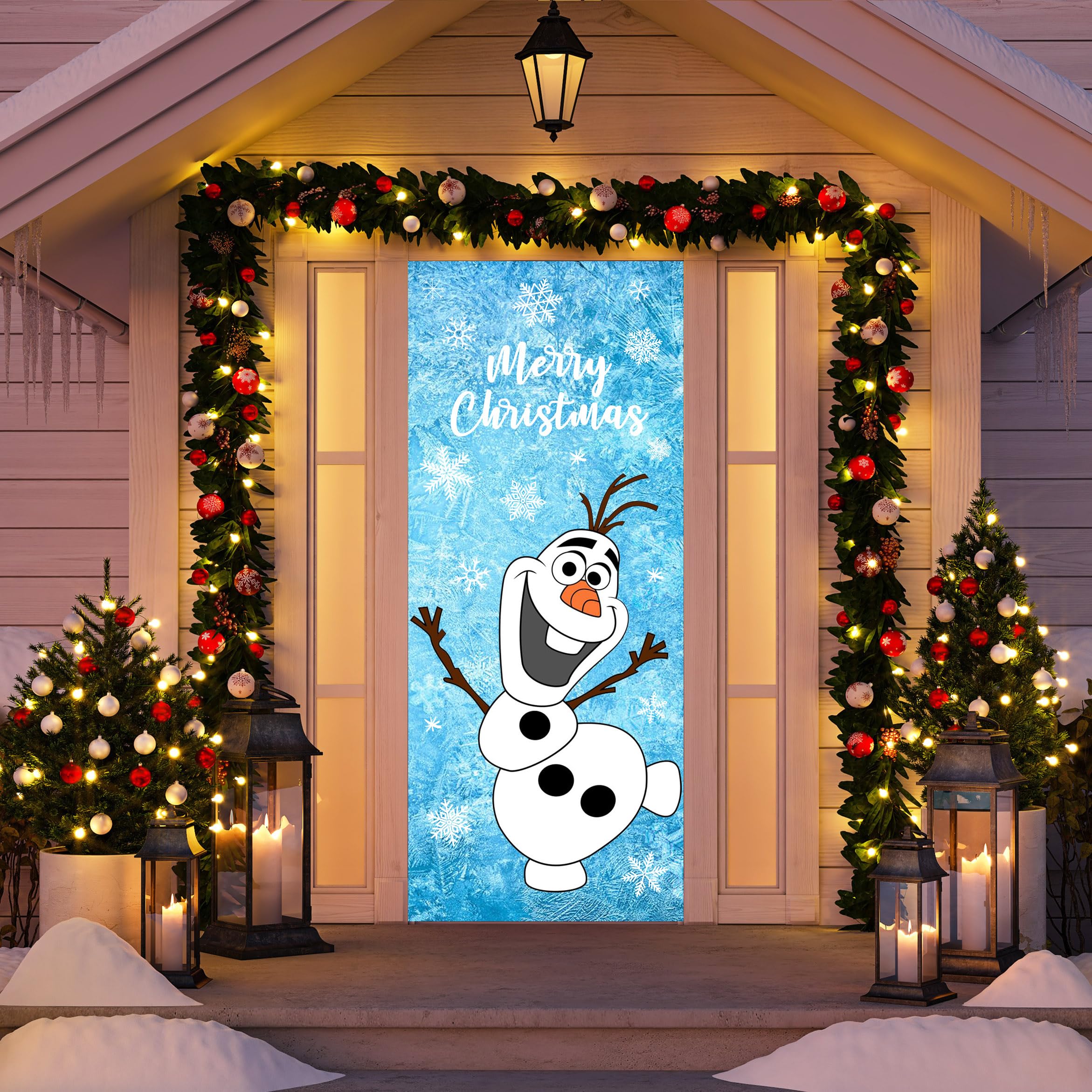 Christmas Snowman Door Cover Christmas Door Decorations Snowman Olaf Door Cover Christmas Winter Snowflakes Backdrop Door Cover for Front Door Outdoor Indoor Home Christmas Decor