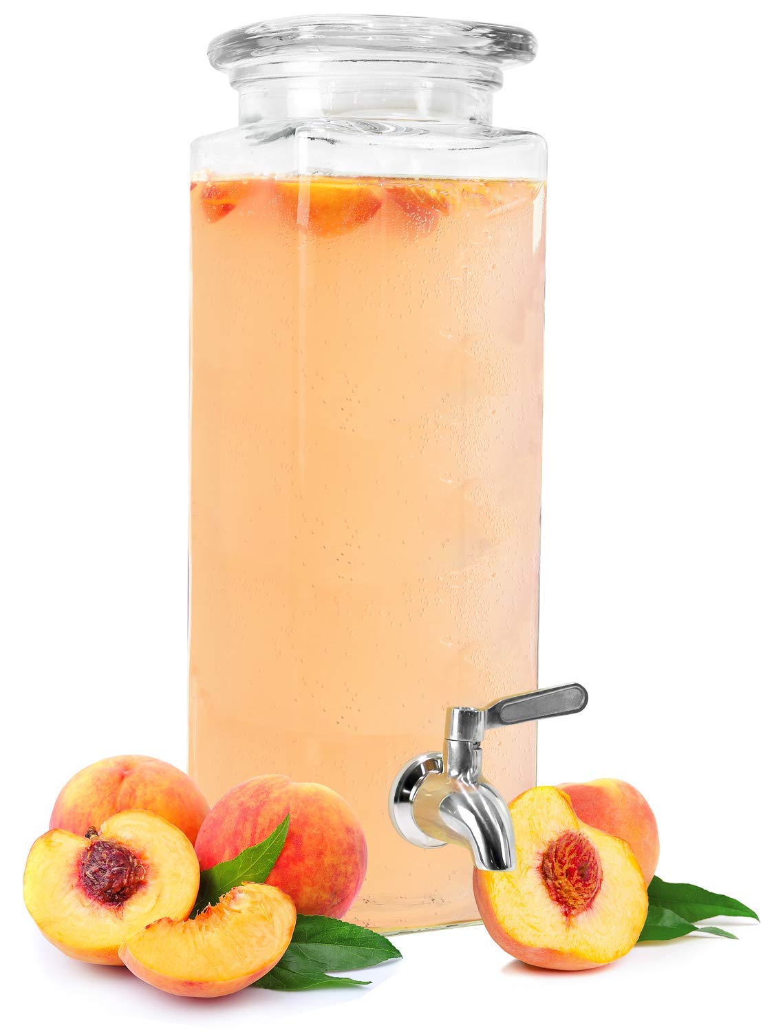 Estilo Glass Drink Dispenser - Tall Square Glass Mason Jar Drink Dispenser With Stainless Steel Spigot, 80 oz (2.36 Liters), Clear, Parties, Weddings, and Picnics