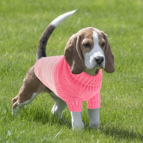 Queenmore Knitted Pullover Dog Sweater, Turtleneck Pet Cat Sweater, Cold Weather Puppy Clothes Stitching Knitwear with Leash Hole for Small Medium Dogs(Pink,L)