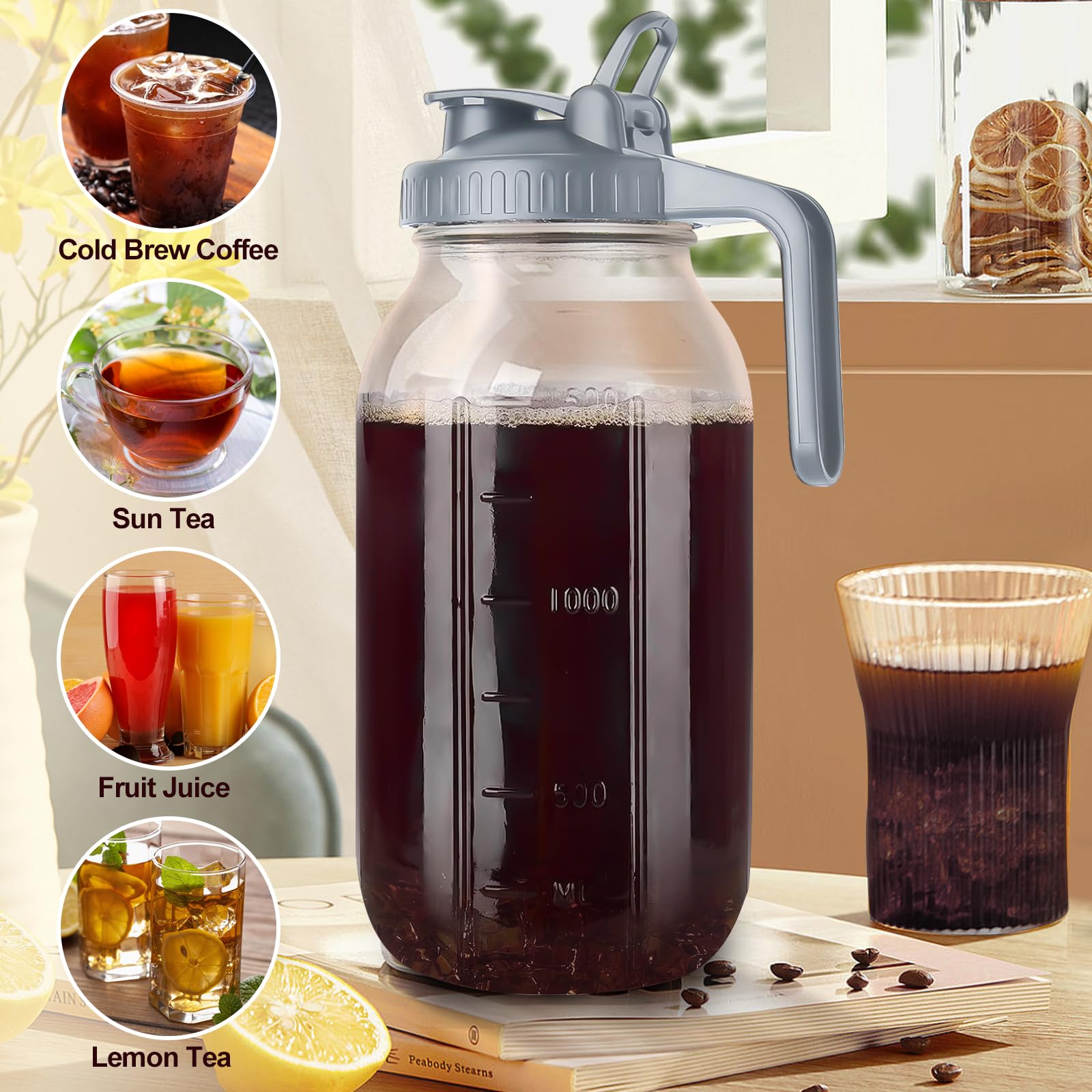 Cold Brew Mason Jar Coffee Maker, 64oz Cold Brew Coffee Pitcher, Durable Glass Mason Jar Cold Brew Coffee Maker With Handle & Stainless Steel Filter For Iced Coffee Tea Fruit Drinks Container