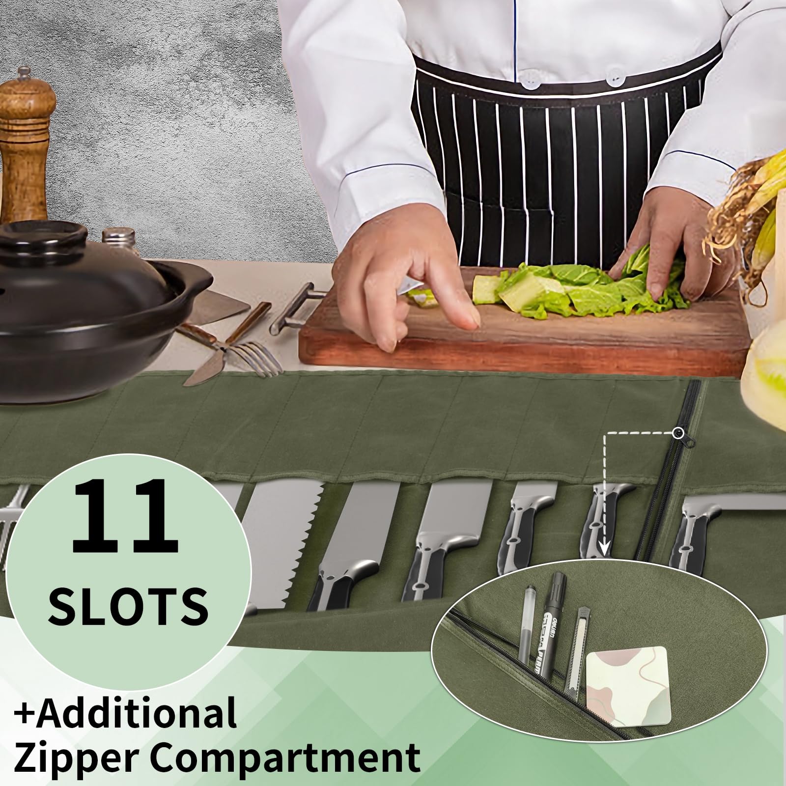 lelezone Chef Knife Roll Bag,Waterproof Waxed Canvas Knife Case Holds,Knives Roll Bags for Chefs Professional with Adjustable Strap,Chef Backpack with 11 Knife Slots and a Large Zippered Pocket
