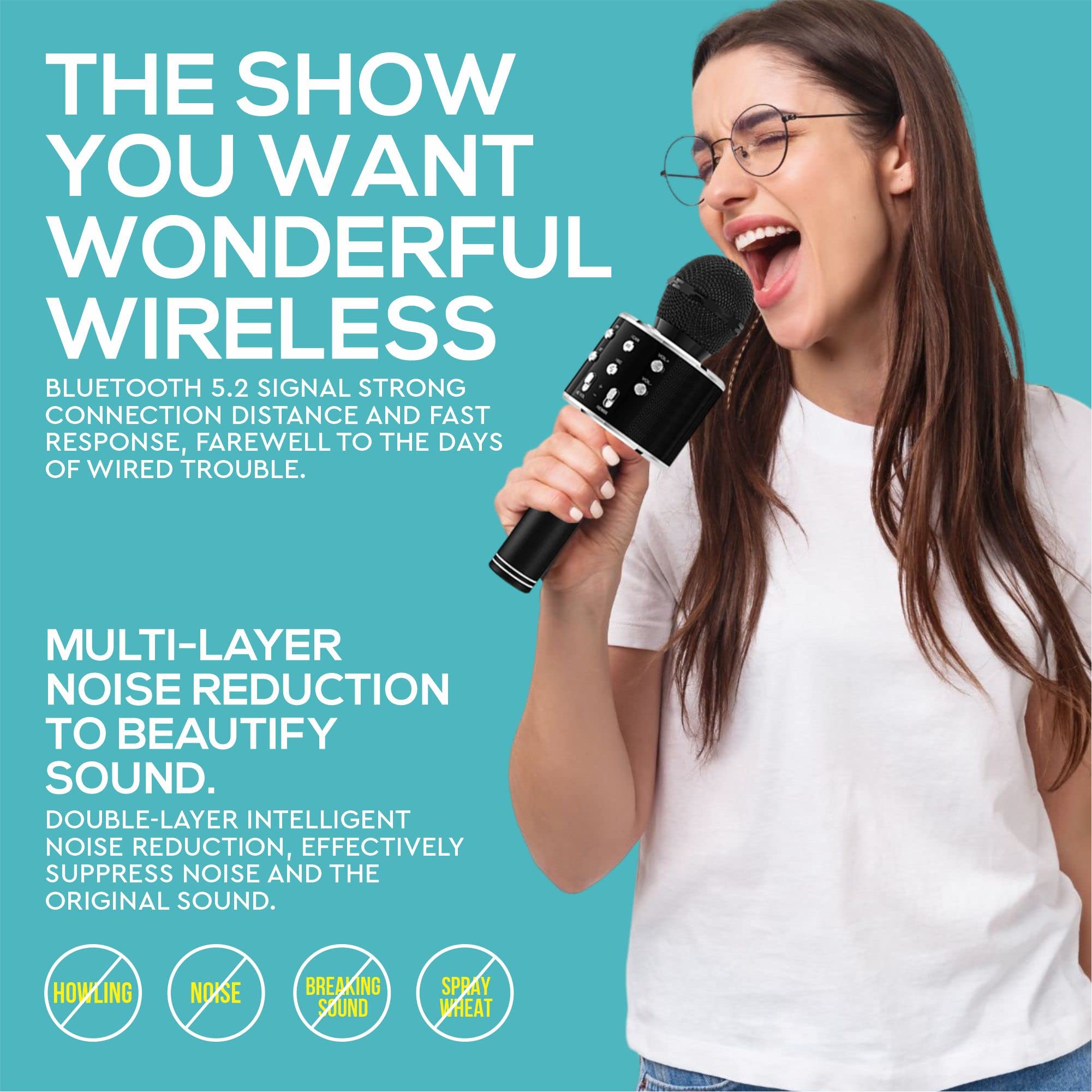 FDY Bluetooth Karaoke Microphone for Kids Adults, Wireless Bluetooth Microphone for Singing with Voice Changing Karaoke Mic Speaker Recorder for 3-13 Years Girls Boys Christmas Birthday Gift-Black