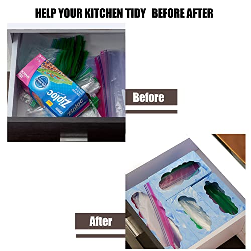 Levvohd 4 Separate Ziplock Bag Storage Organizer, Food Zip lock Bag Storage Organizer for Kitchen Drawer, Compatible with Gallon, Quart, Sandwich & Snack Variety Size Baggie Dispenser (Blue and White