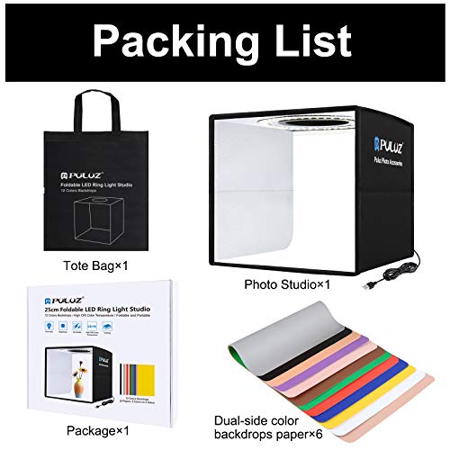 Photo Studio Box, PULUZ Mini Folding Lightbox LED Ring Light Portable Photo Studio Photography Shooting Tent Box Kit 12 Colors Backdrops USB Light Box for Phones DSLR Camera (9.8 x 9.8 inch)