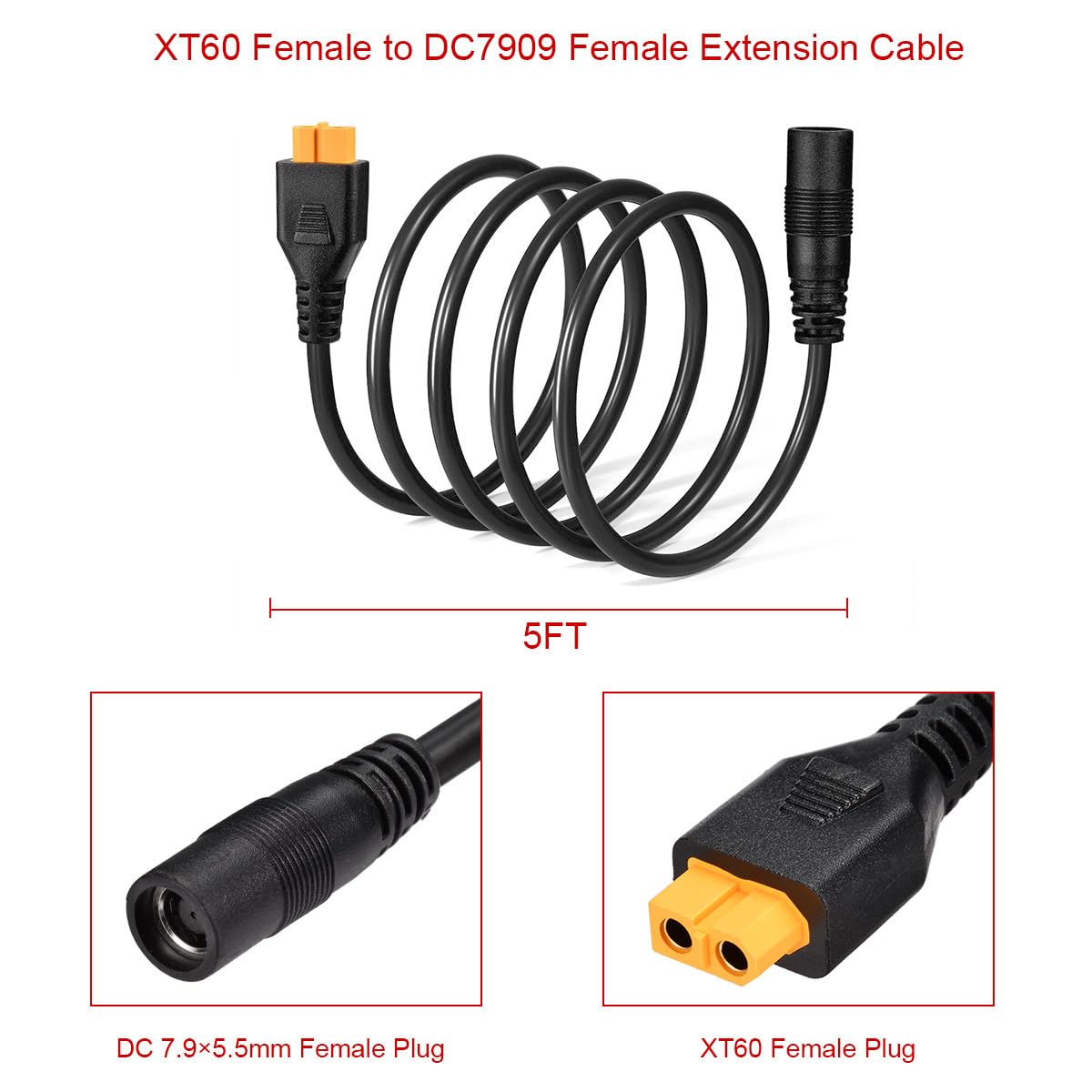 ELFCULB XT60 to DC 8mm Adapter Cable,14AWG XT60 Female to DC 7909 Female Solar Panel Cable Compatible for Portable Power Station Solar Generator and Solar Panel(5FT)