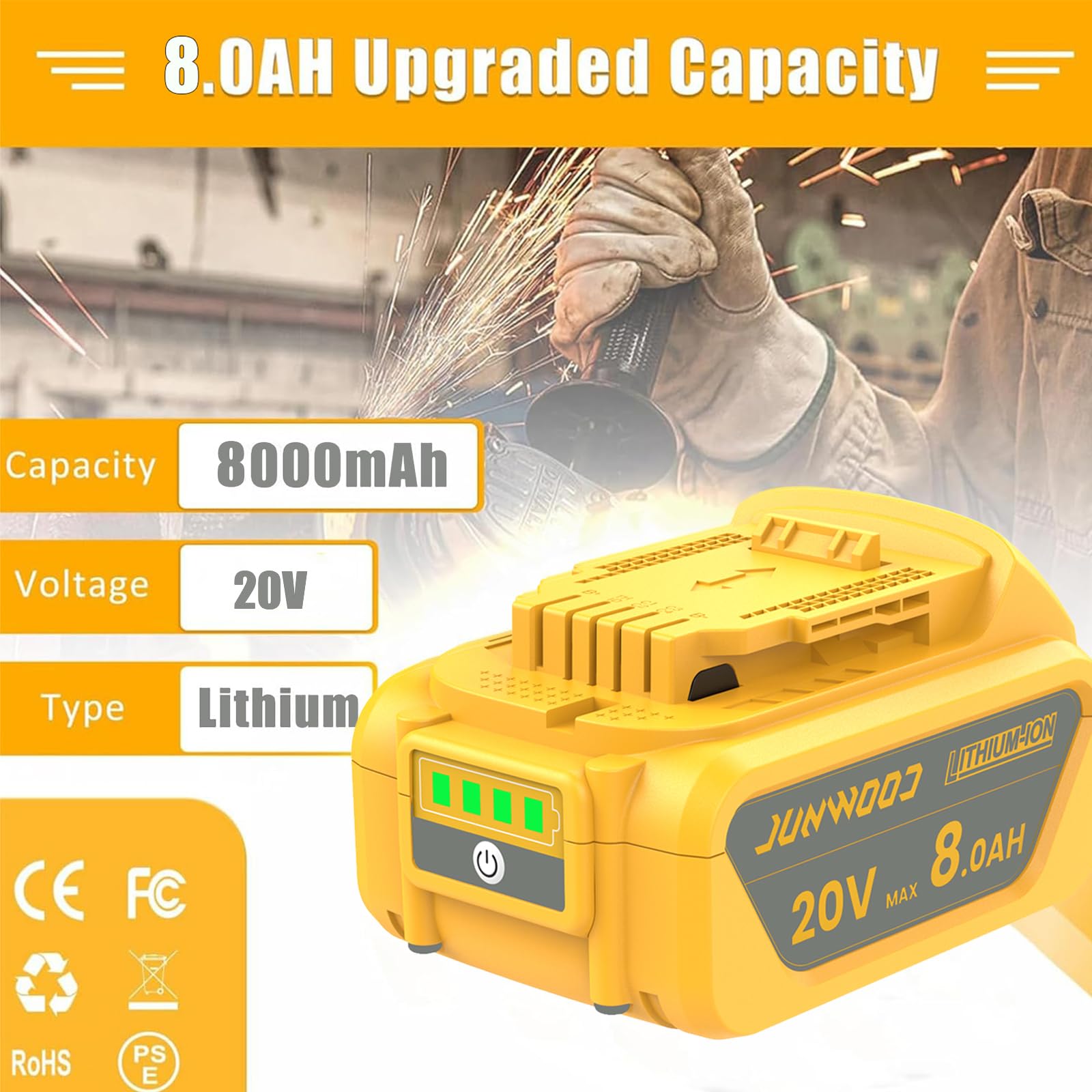 JUNWOOD 2Pack 8.0Ah Lithium Replacement for Dewalt 20V Battery Max XR Cordless Tools DCB180 DCB205 DCB206 DCB206-2 DCB200 DCB204 DCB204BT-2 DCB203 DCB201 DCB207