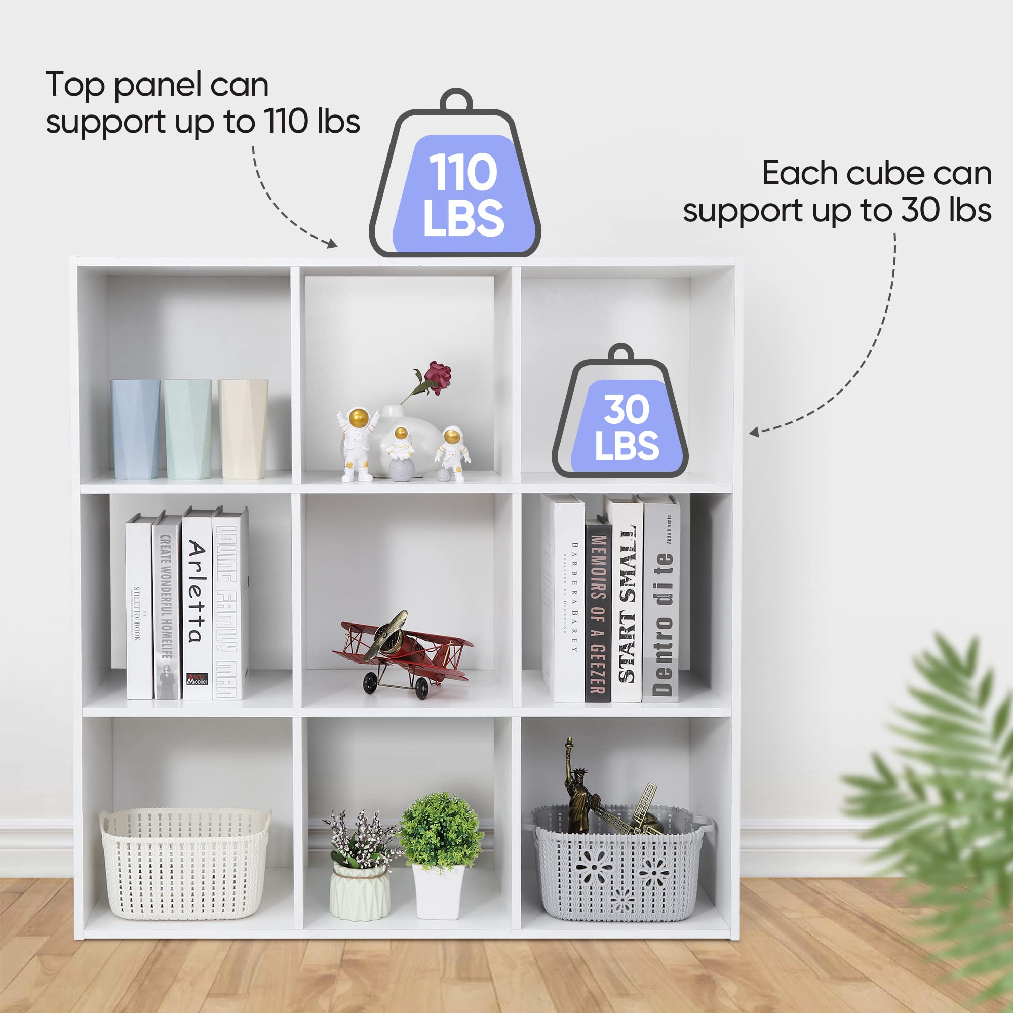 LEMY 9-Cube Storage Organizer Bookshelf, Wooden Open Display Bookcase with Removable Back Panels for Bedroom, Living Room, Office, White