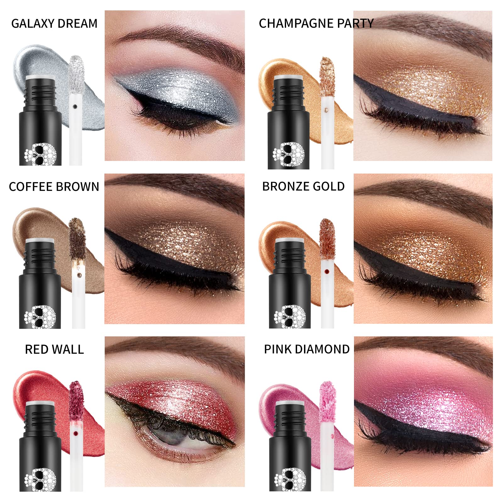 DE'LANCI Liquid Glitter Eyeshadow Eye Makeup Set,c,Long Lasting Gold Silver Pink Red Natural Brown Nude 6 Color Christmas Gift