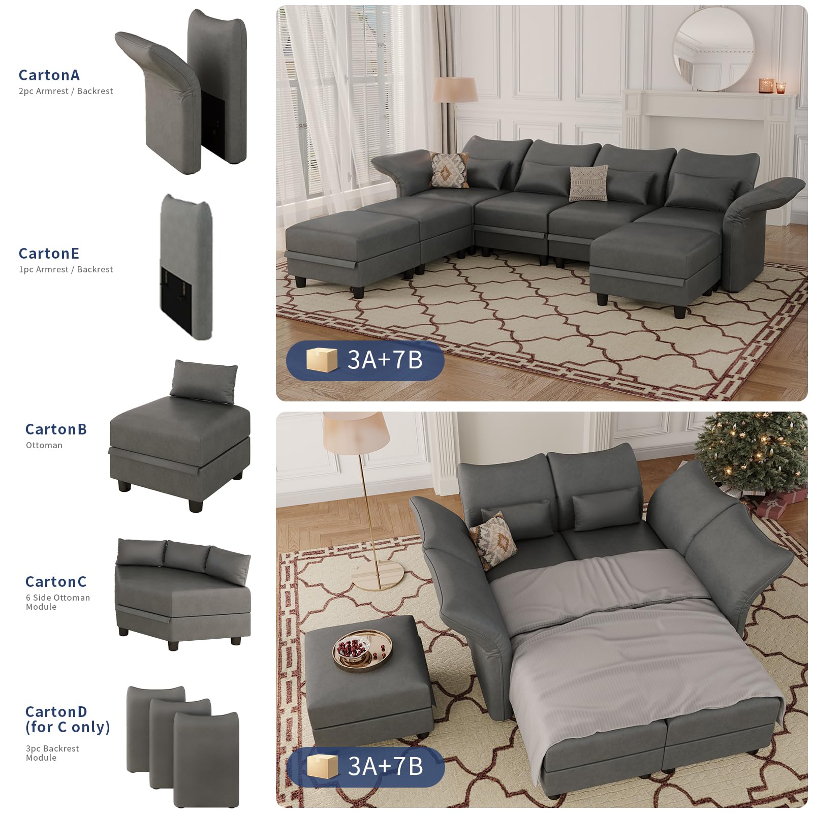 LLappuil Modular Sectional Storage Couch Ottoman Seats,Waterproof Faux Leather Sofa Chair Modules, Dark Grey